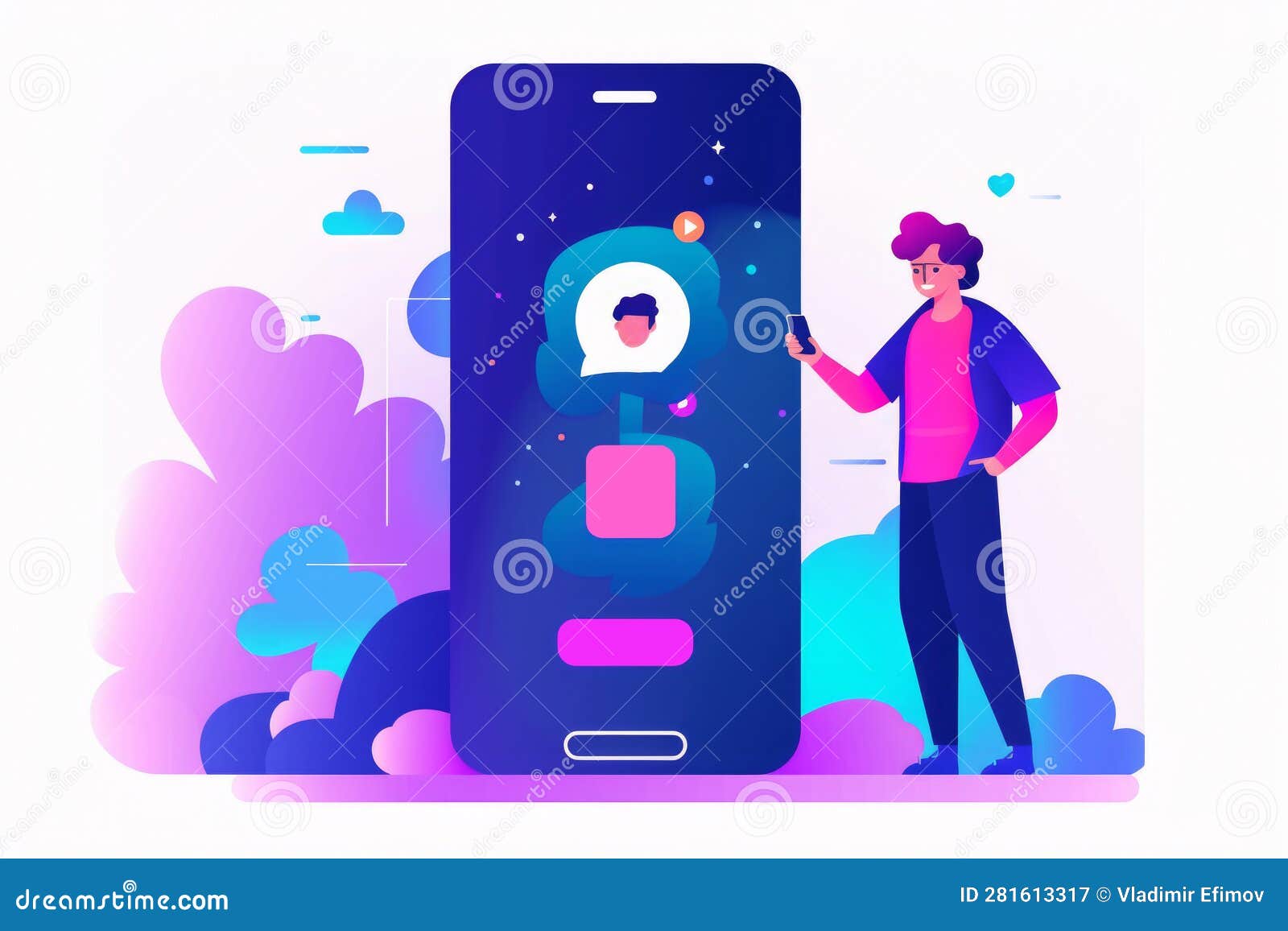Happy Person in Front of a Large Smartphone with Chat, Concept of ...