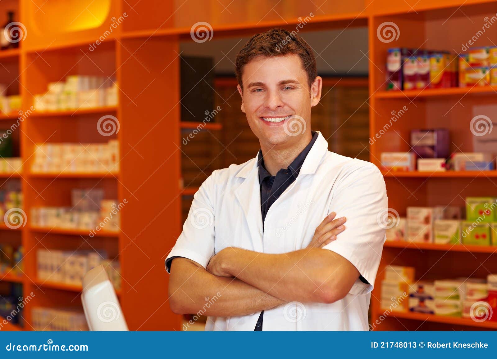 Happy Pharmacist in Pharmacy Stock Image - Image of prescription, happy ...