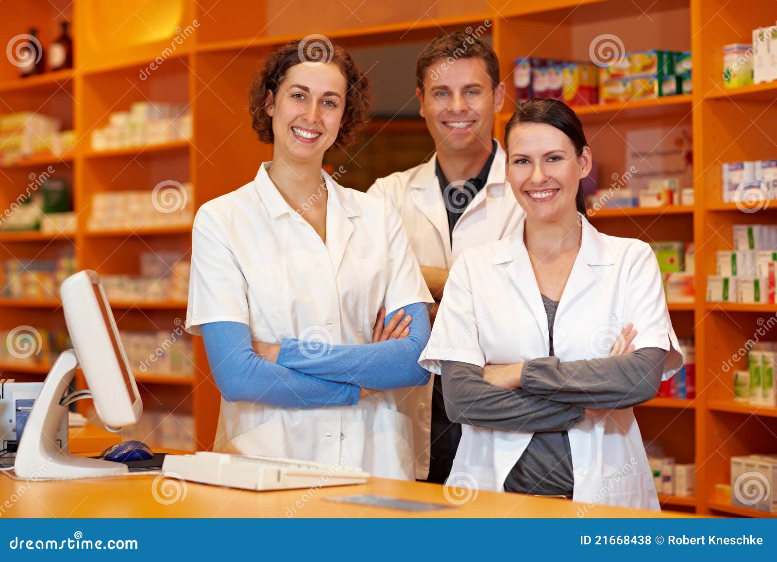 Happy pharmacy team stock photo. Image of disease, counter - 21668438