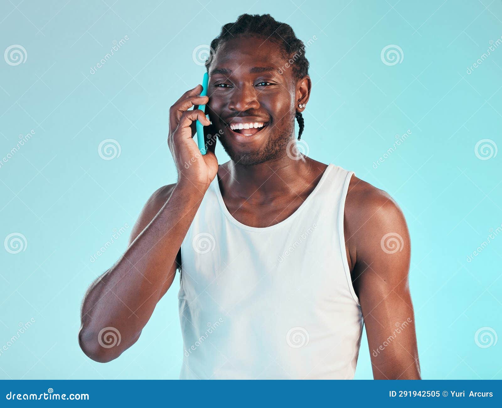 Happy, Phone Call and Man in Studio with Conversation, Chat or ...