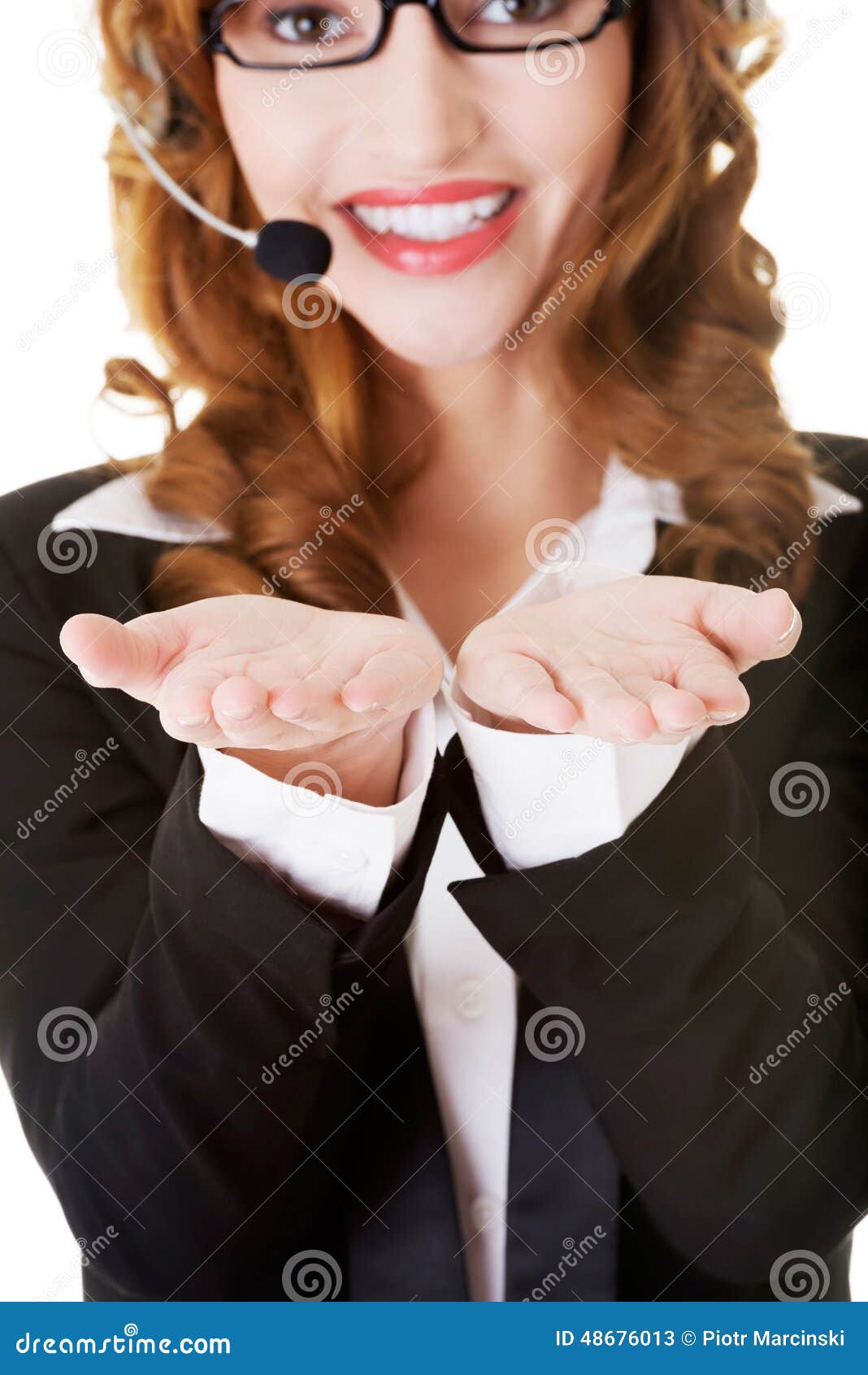 Happy Phone Operator with Open Hands Gesture Stock Image - Image of ...