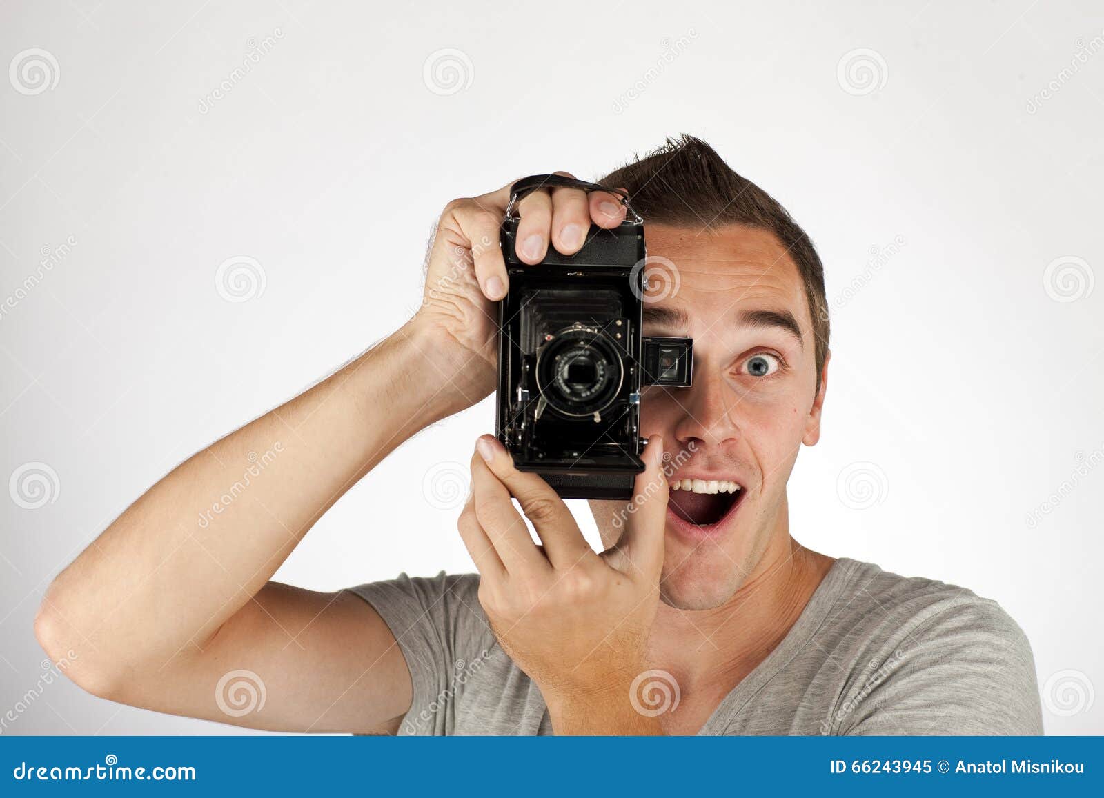 Happy Photographer with Old Camera. Stock Image - Image of shot, camera ...