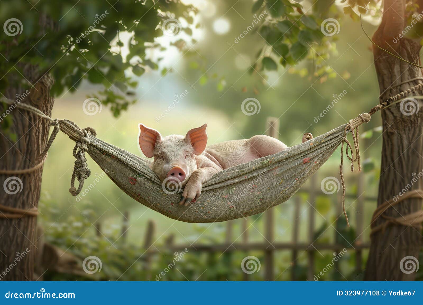 A Happy Pig Naps In A Hammock Under A Tree. Take A Rest. Farm Animals ...