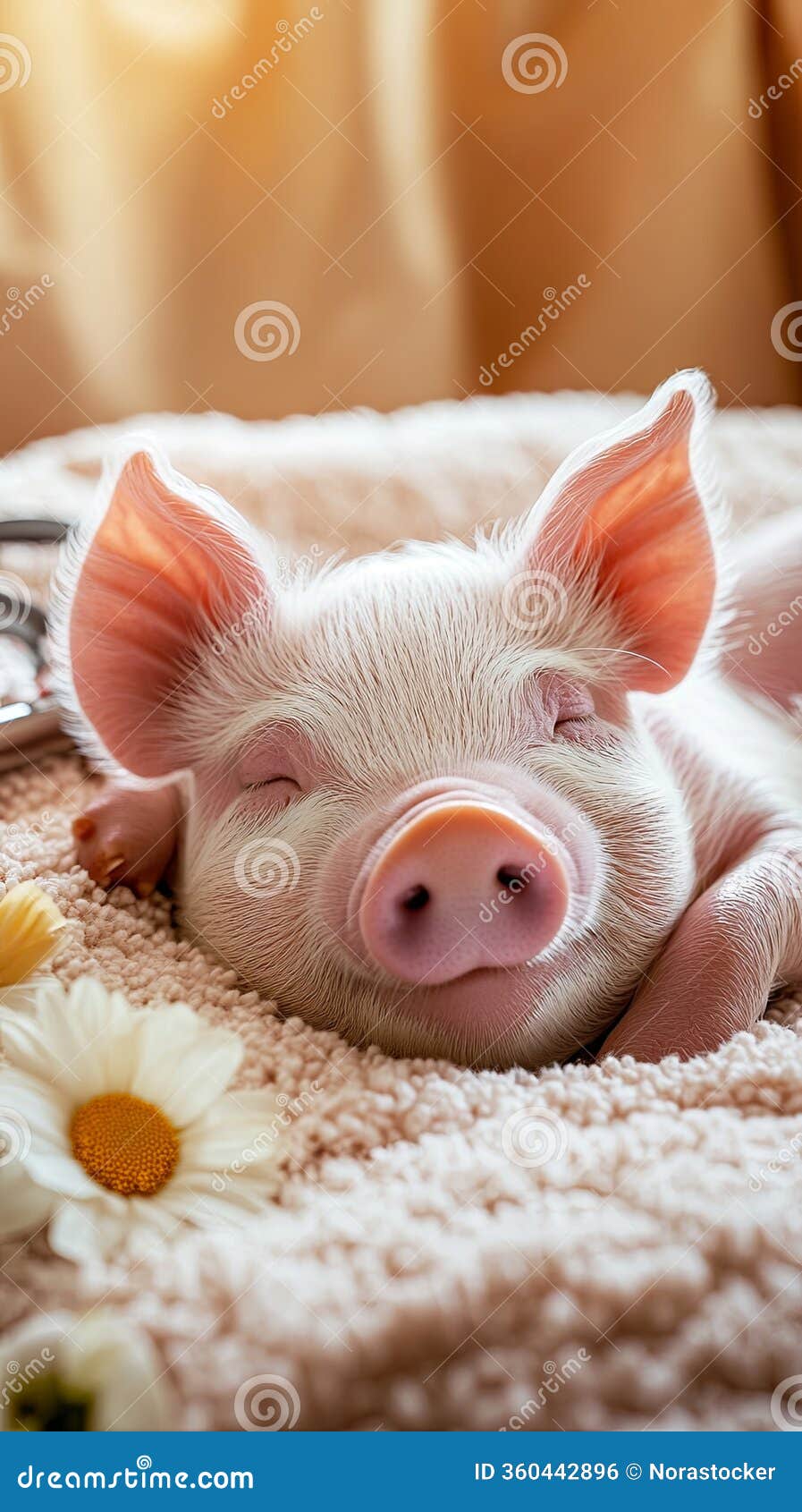 Happy Piglet Lying on a Soft Cushion, Tiny Flowers and Spa Tools Stock ...