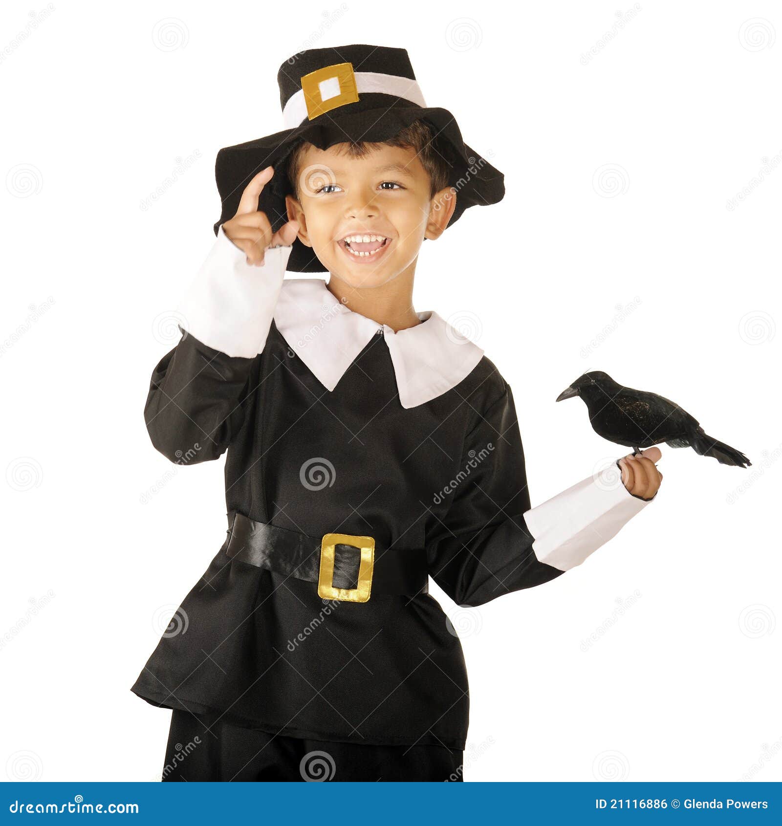 Happy Pilgrim Boy with Bird Stock Photo - Image of crow, thanksgiving ...