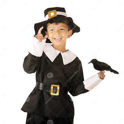 Happy Pilgrim Boy with Bird Stock Photo - Image of crow, thanksgiving ...