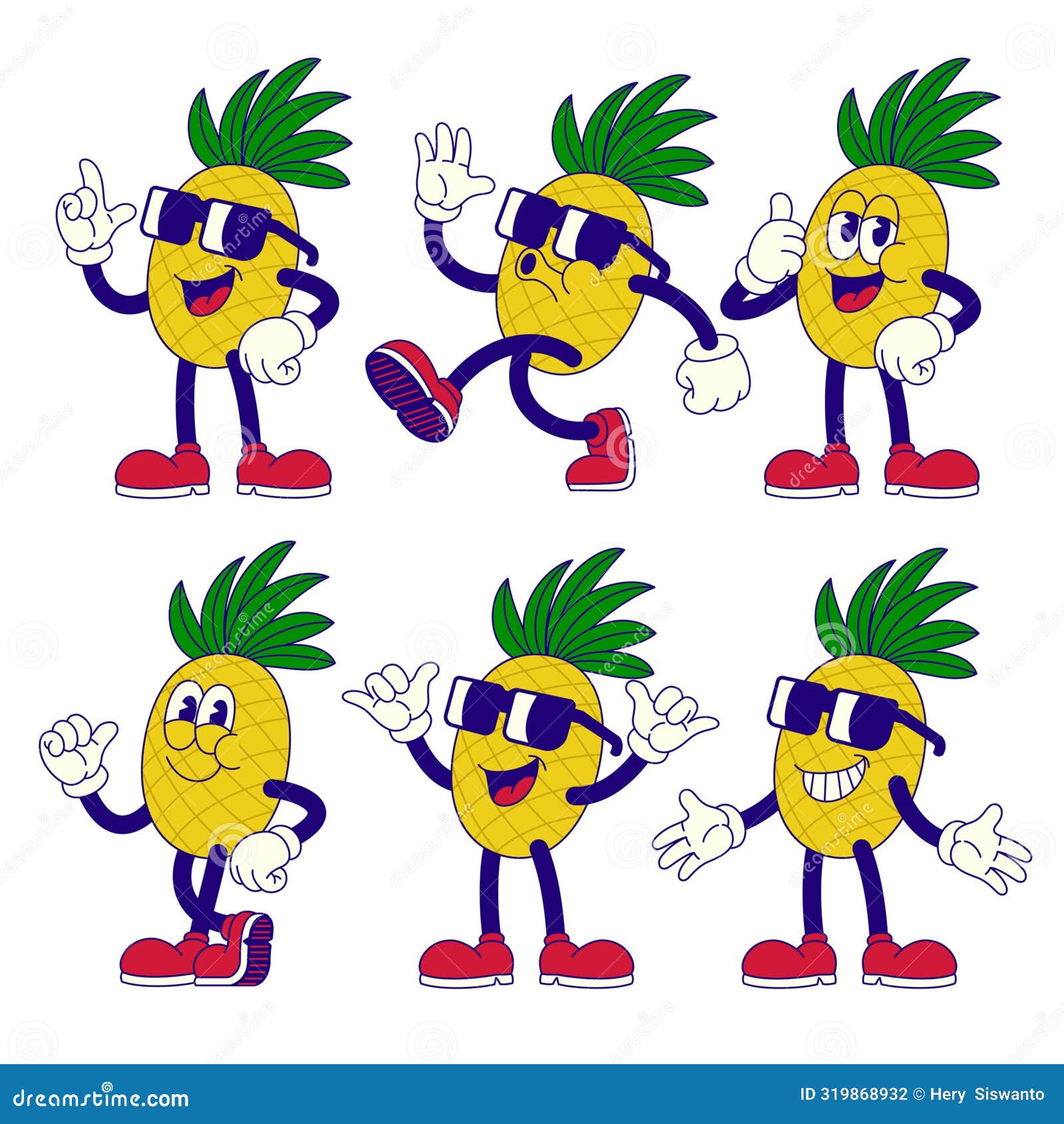 Happy Pineapple Cartoon Characters With Various Pose Vector ...