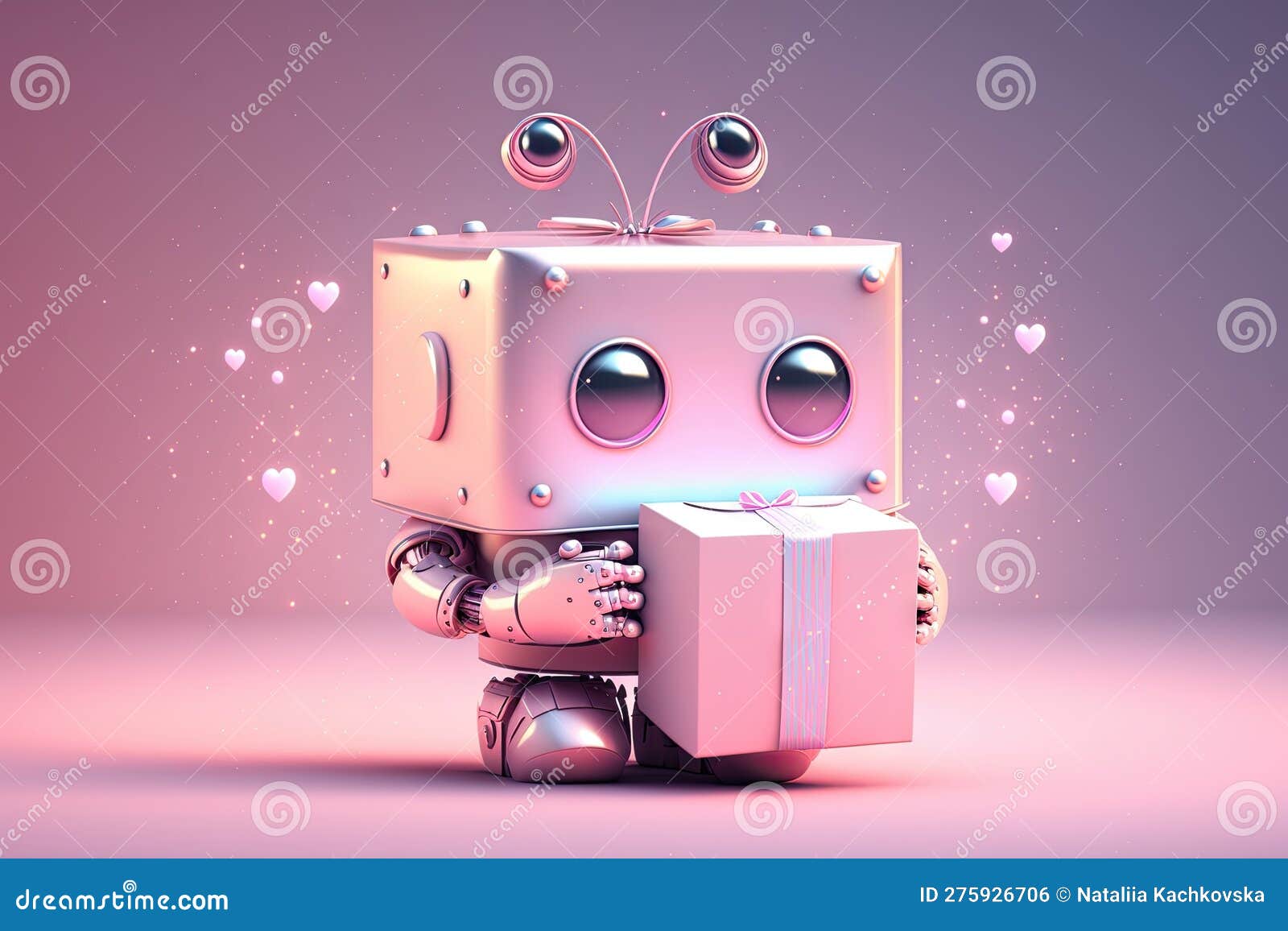 Happy Pink Robot with a Gift Box Stock Illustration - Illustration of ...