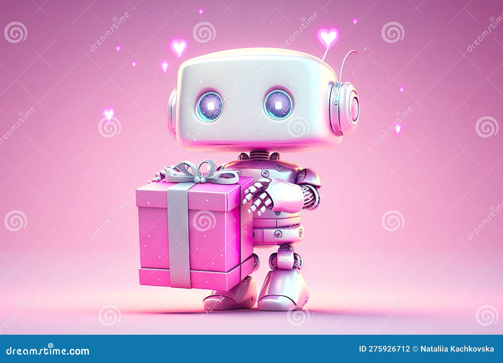 Happy Pink Robot with a Gift Box Stock Illustration - Illustration of ...