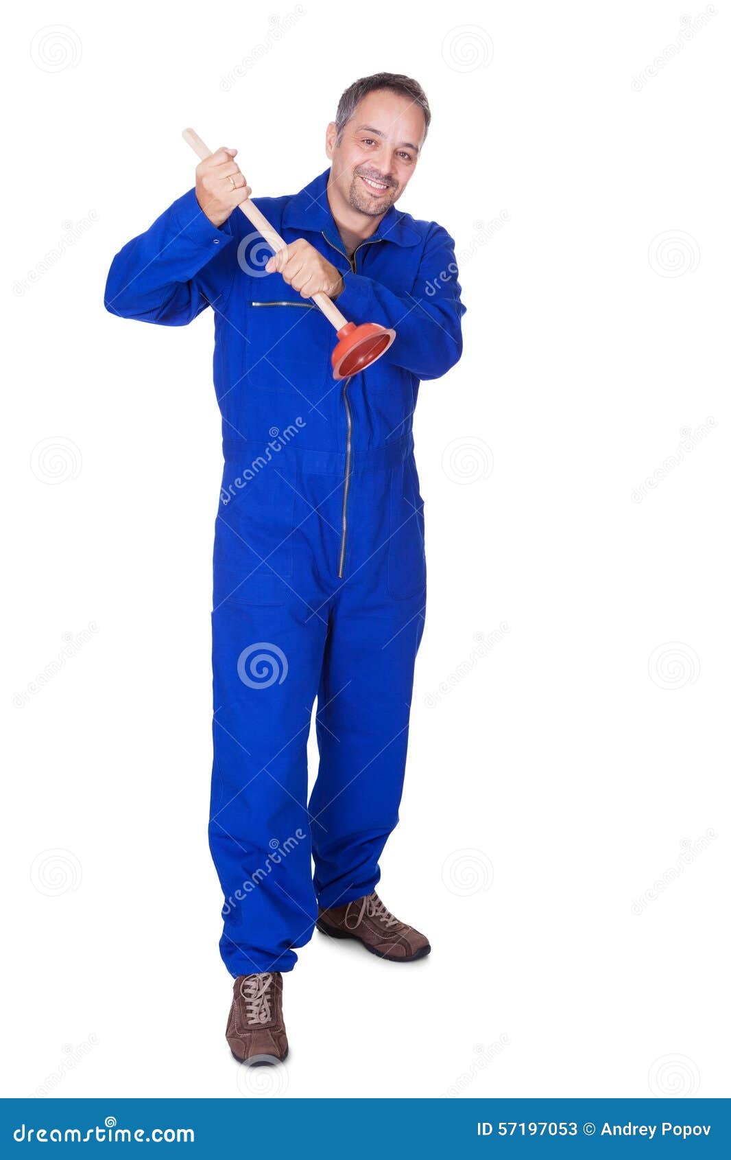 Happy Plumber Holding Plunger Stock Image - Image of happy, release ...