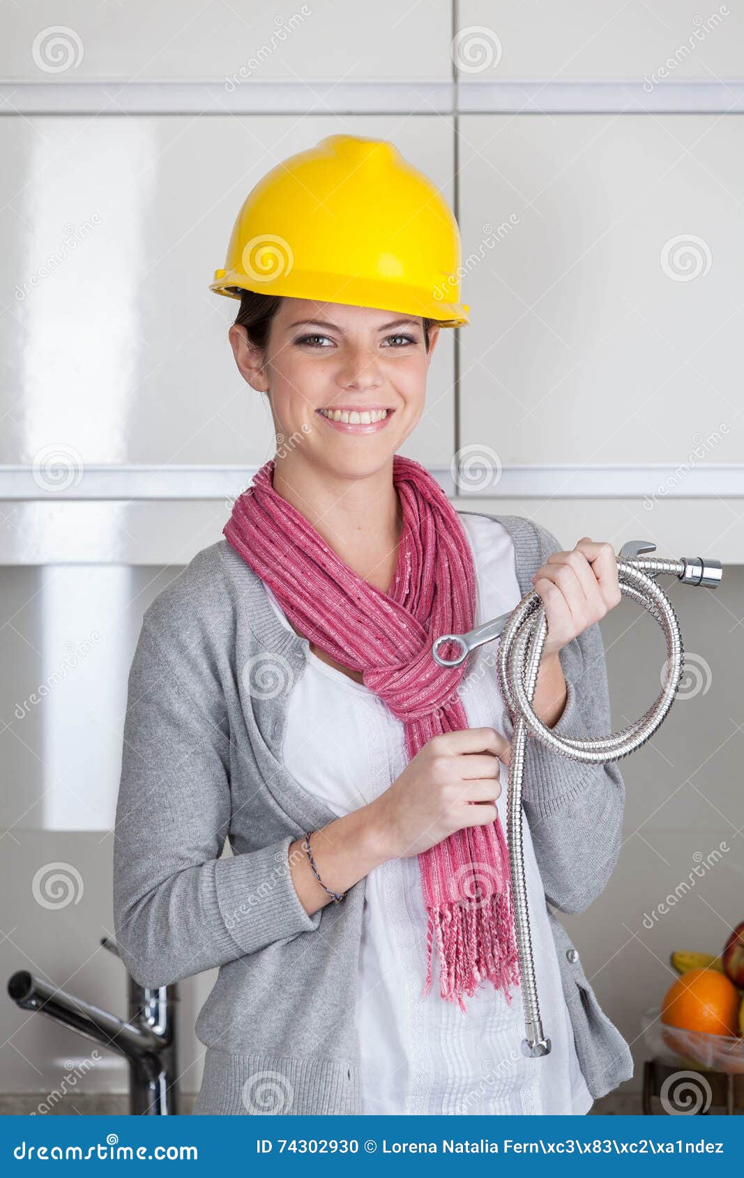 Happy plumber woman stock photo. Image of smile, construct - 74302930