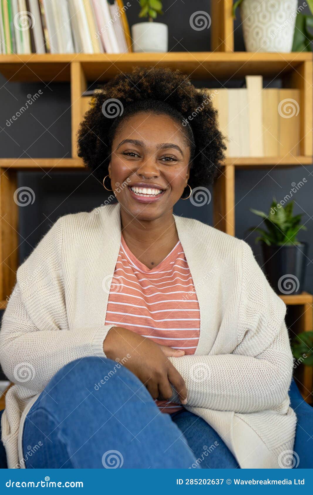 Happy Plus Size African American Woman Making Video Call At Home Stock