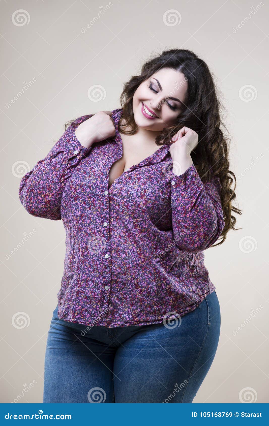 Happy Plus Size Fashion Model Fat Woman On Beige Background Stock