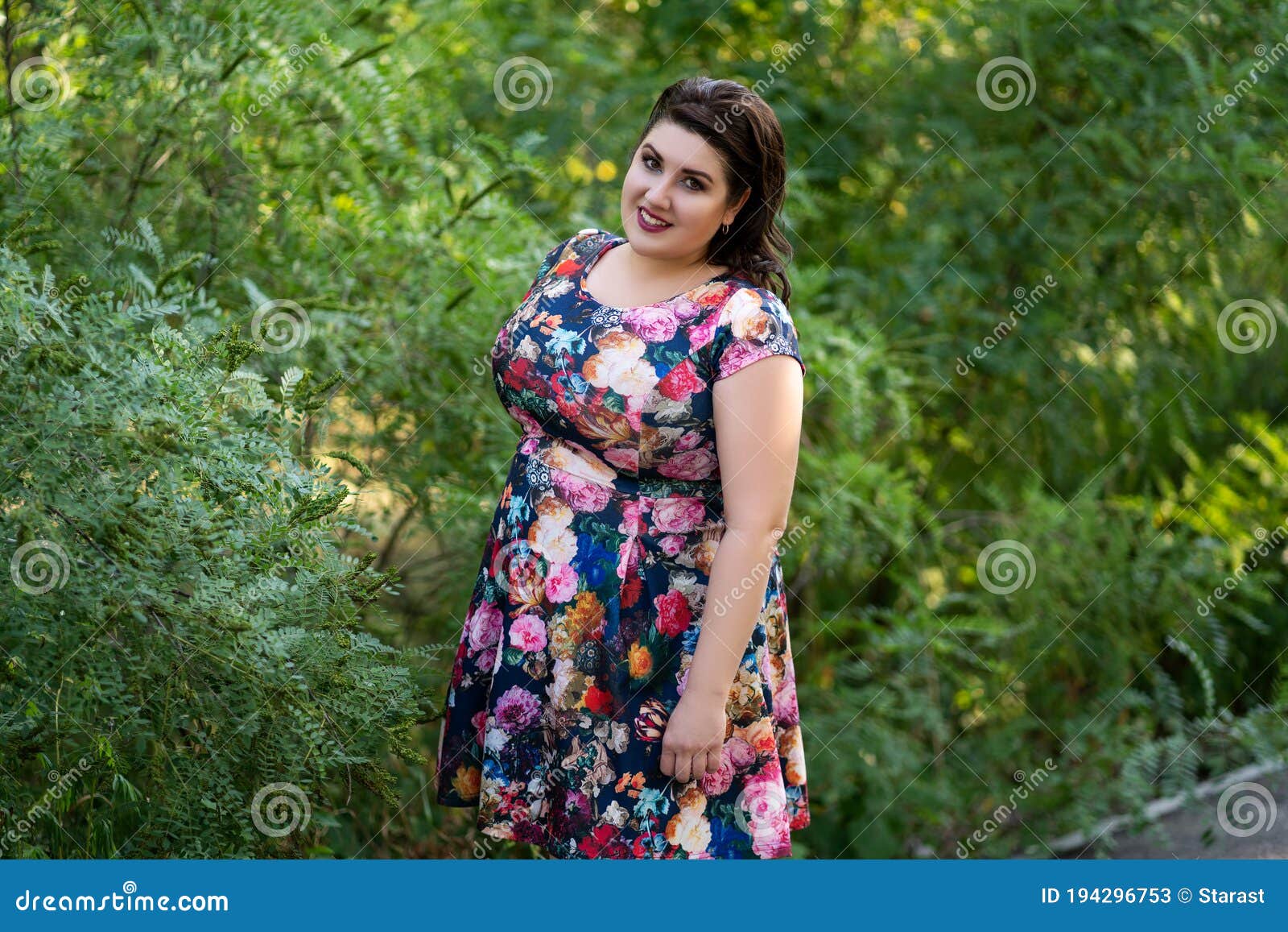 Happy Plus Size Fashion Model In Floral Dress Outdoors Beautiful Fat