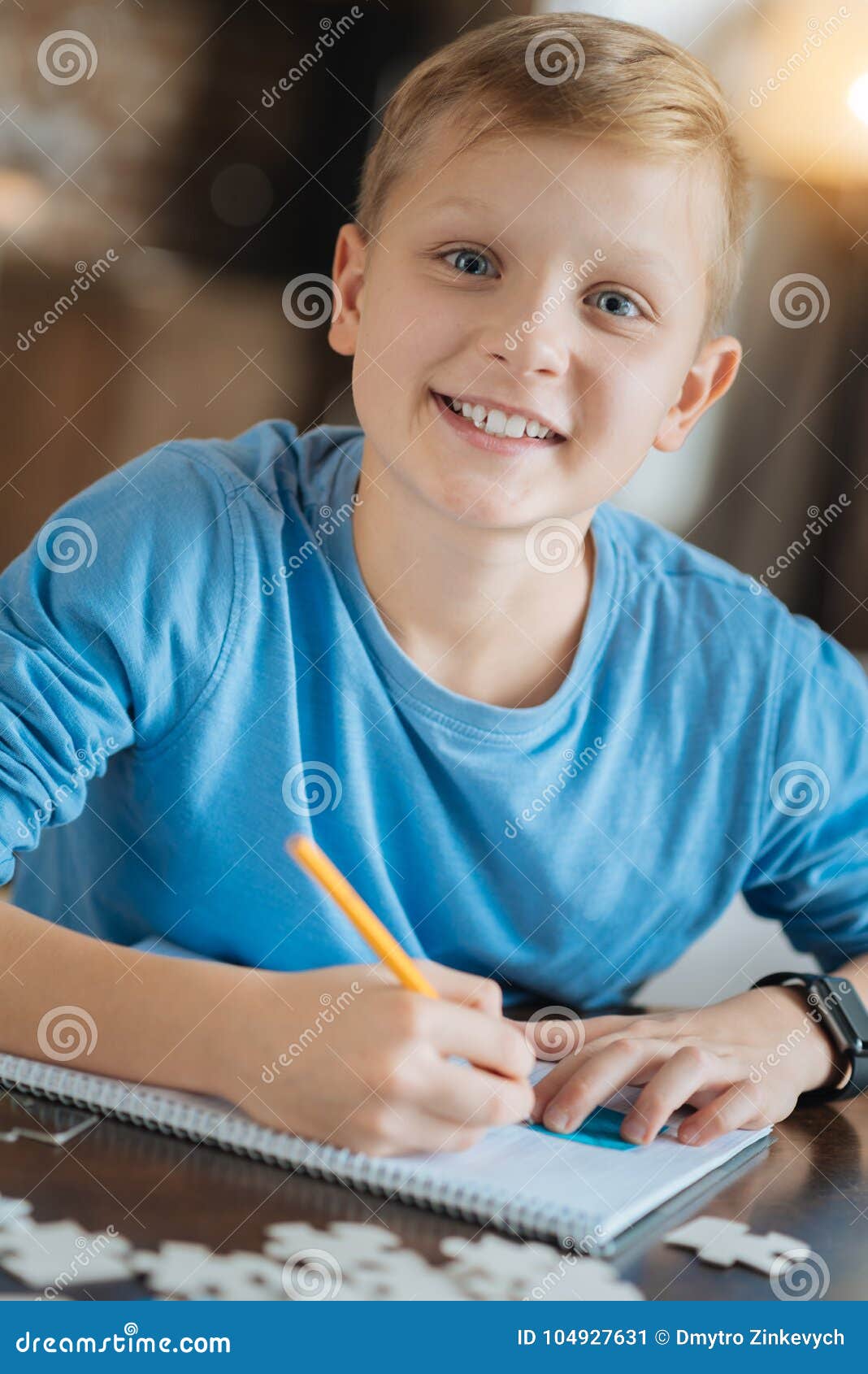 Happy Positive Boy Doing a School Task Stock Image - Image of ...