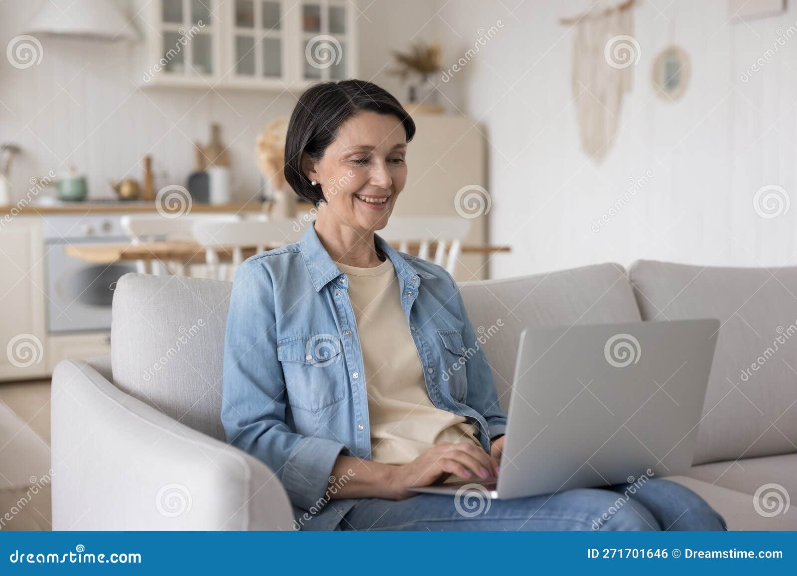 Happy Positive Mature Lady Using Computer for Internet Communication ...