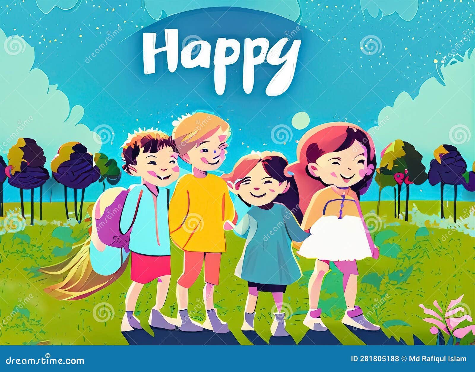 Happy Poster with Kids in the Park. Generative AI Stock Illustration ...