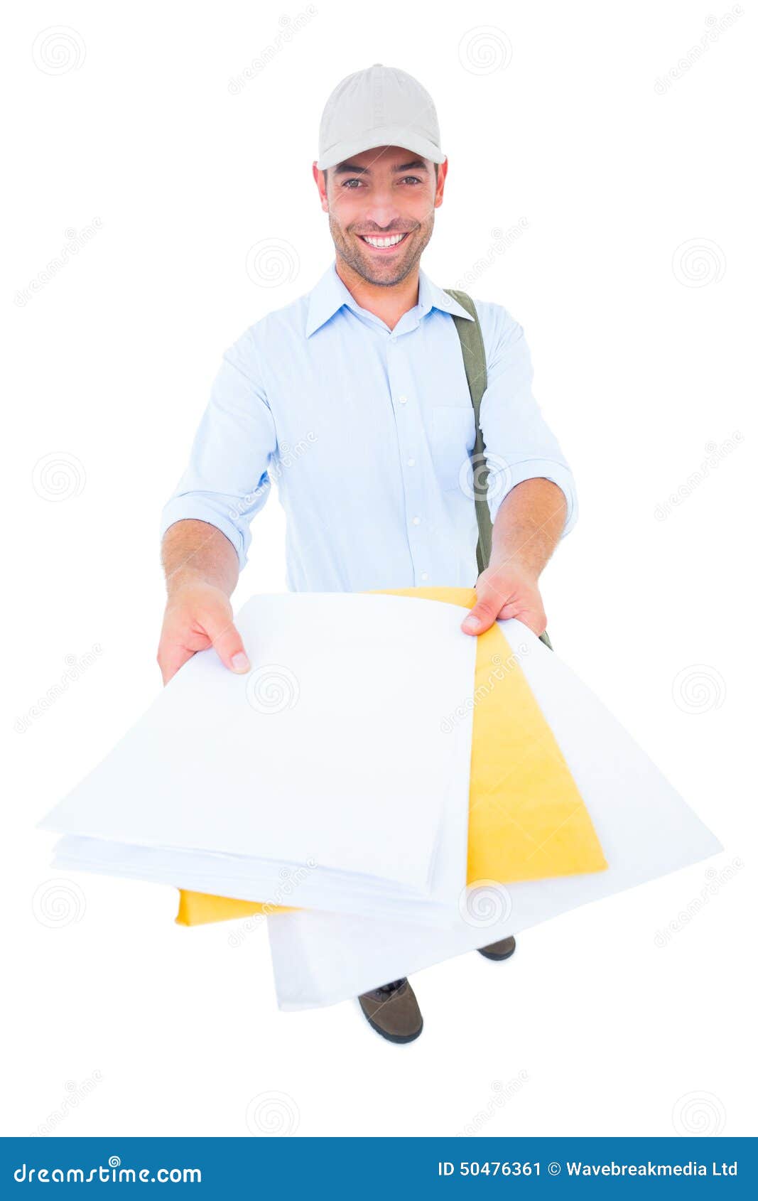Happy Postman Delivering Lettes on White Background Stock Image - Image ...