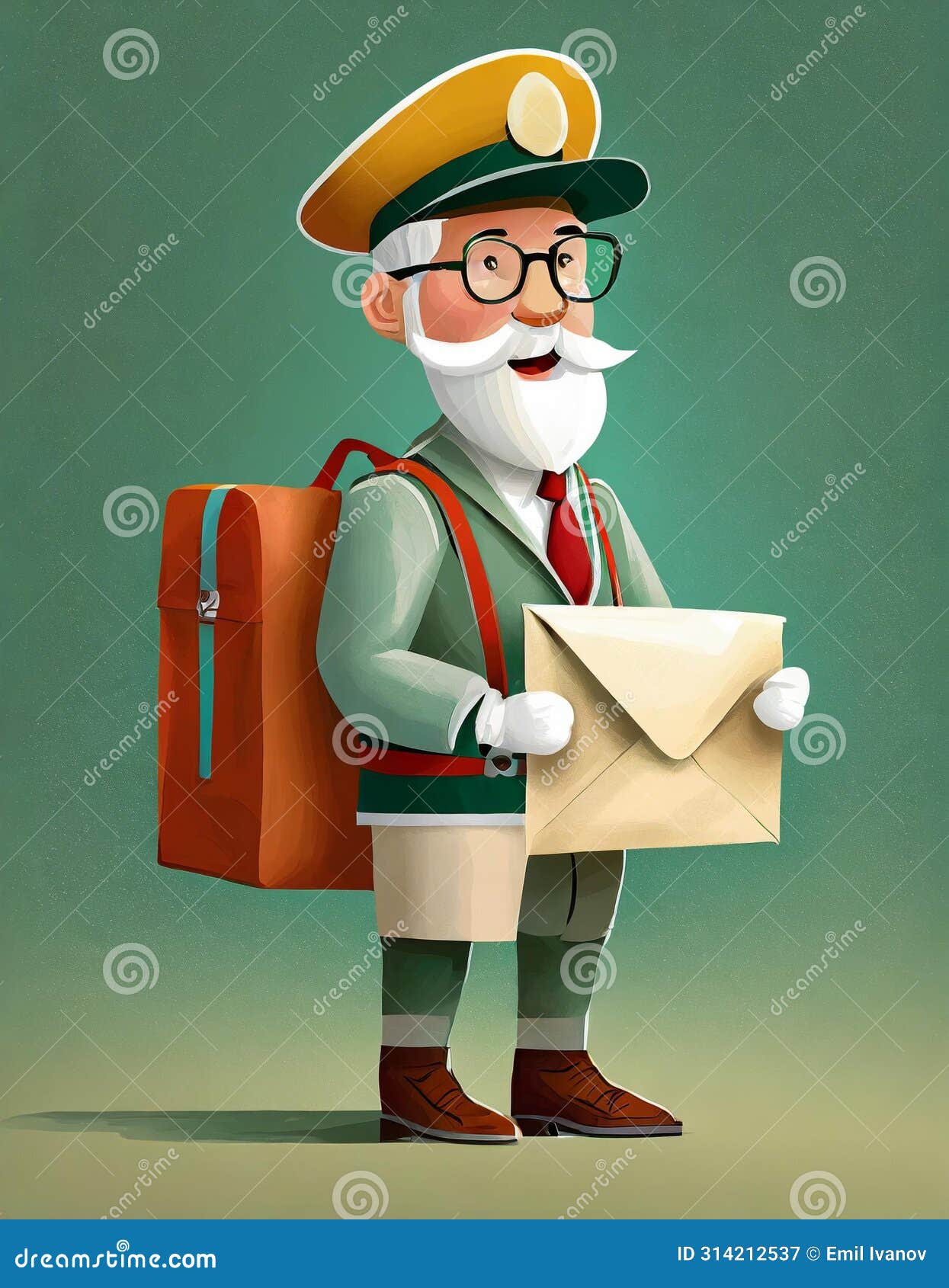 Happy Postman with a Stylized Look Holding an Envelope and a Red ...