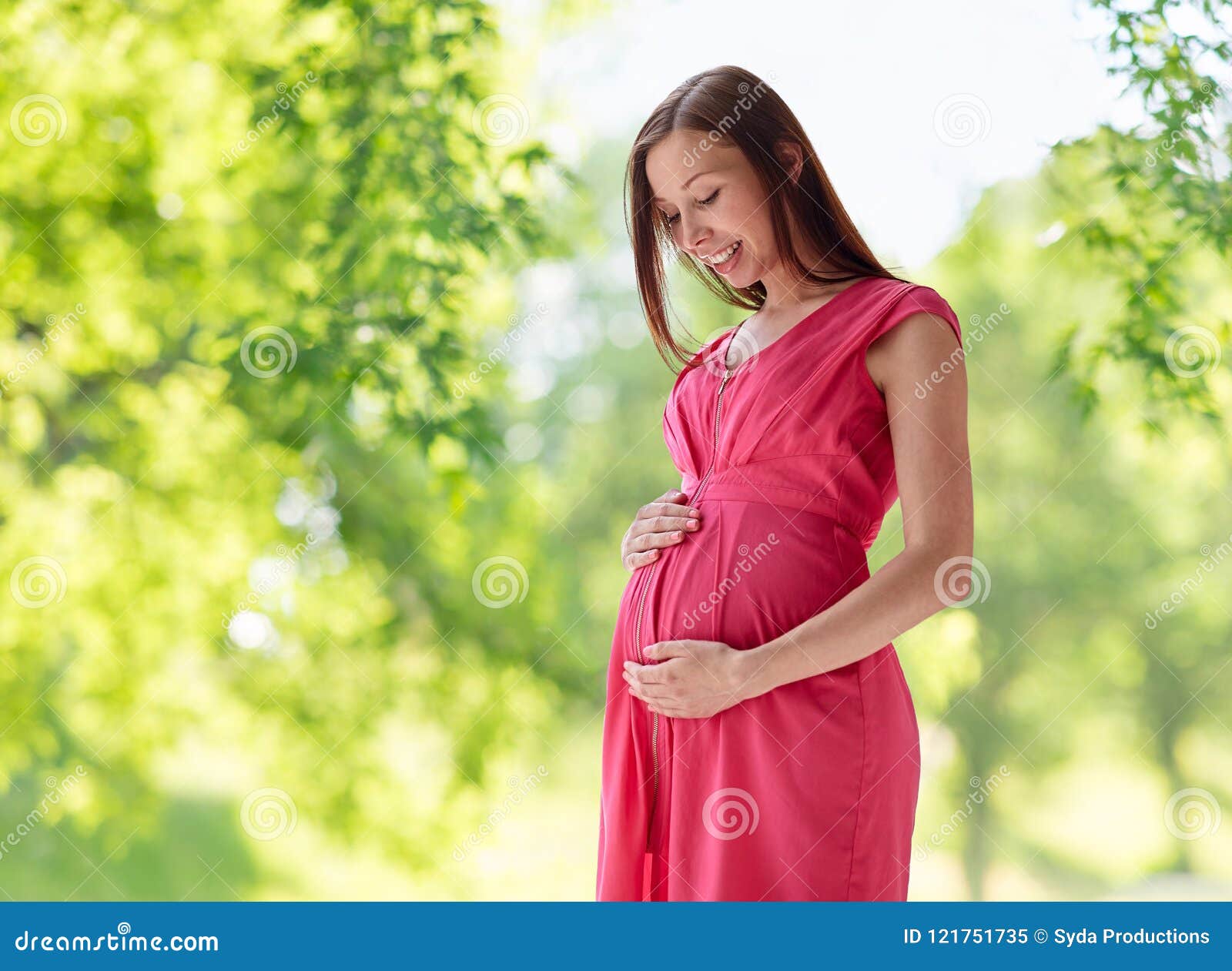 Happy Pregnant Woman Touching Her Belly In Summer Stock Image Image