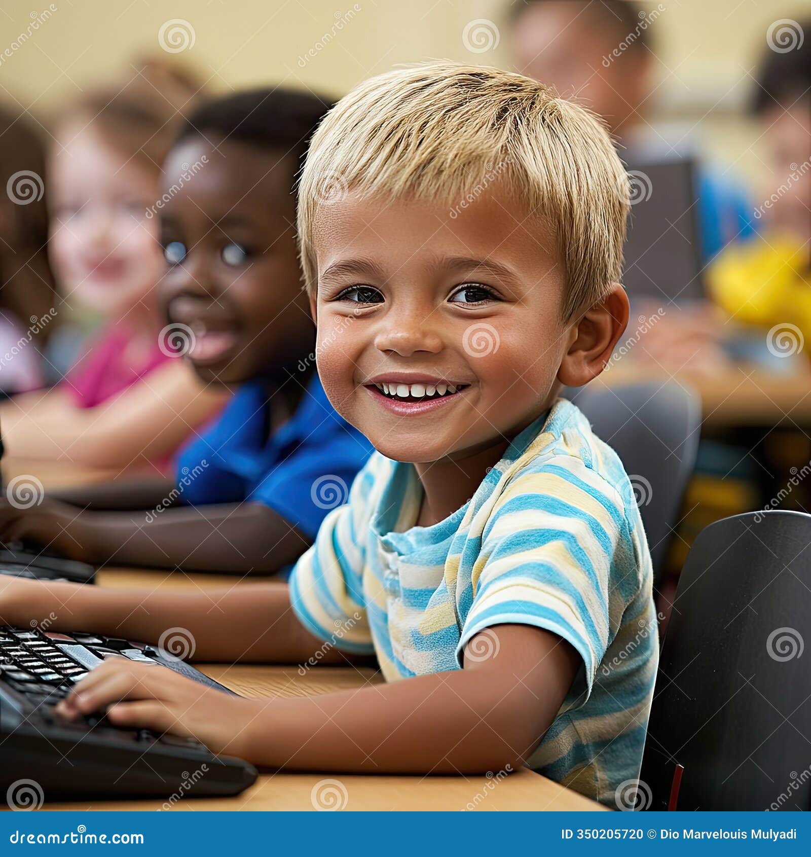 Happy Preschool Boy Learning on Computer Stock Illustration ...