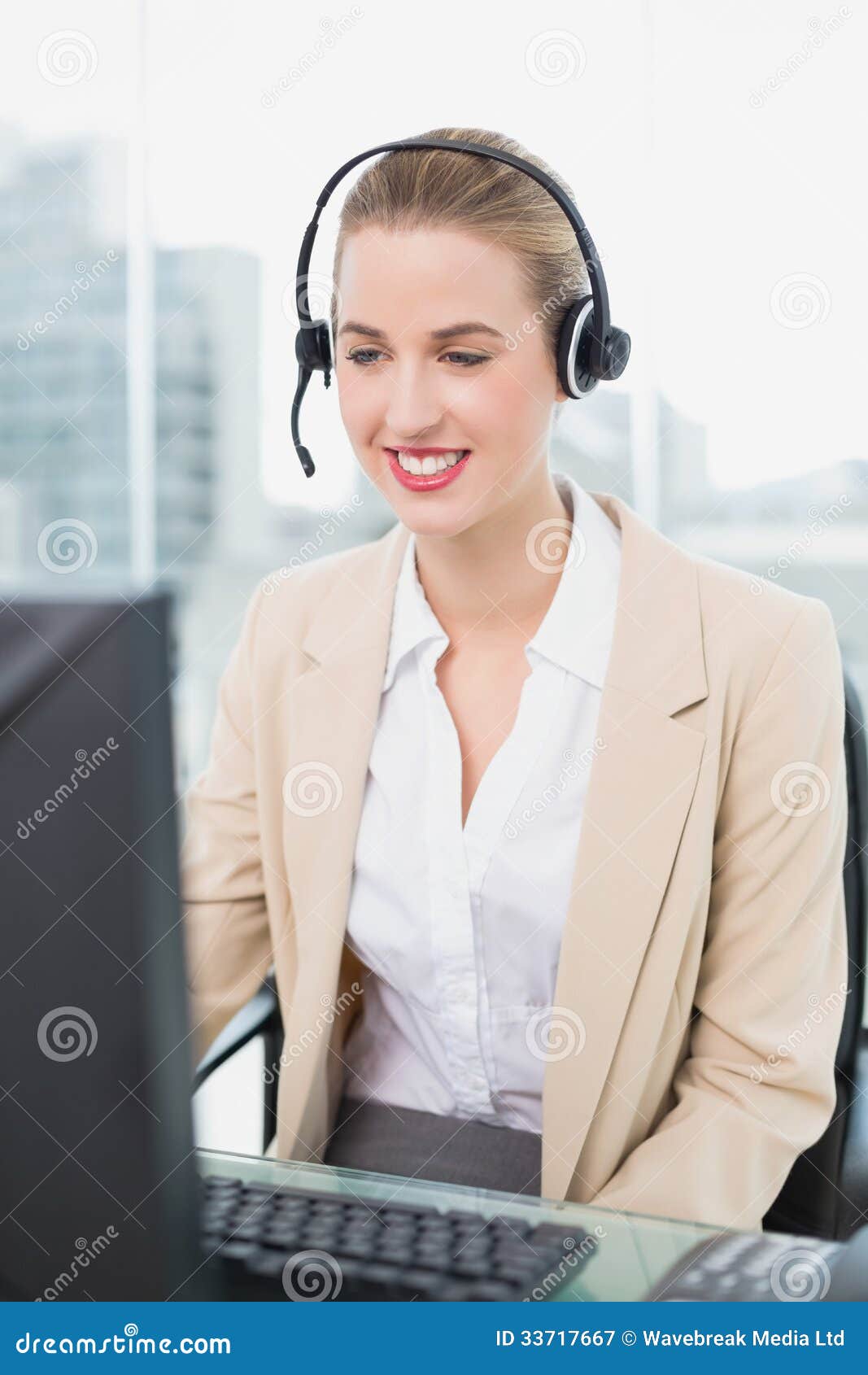 Happy Pretty Agent Wearing Headset Dealing with Customer Stock Image ...