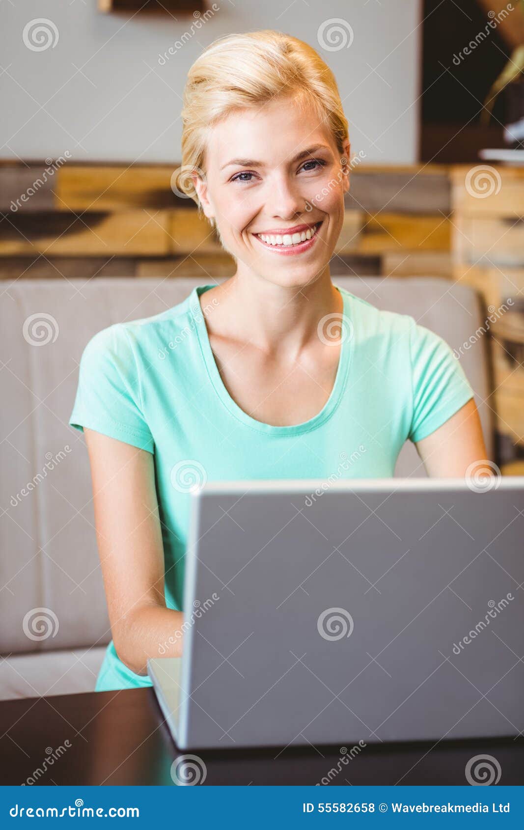 Happy Pretty Blonde Using Computer Stock Photo - Image of young, pretty ...