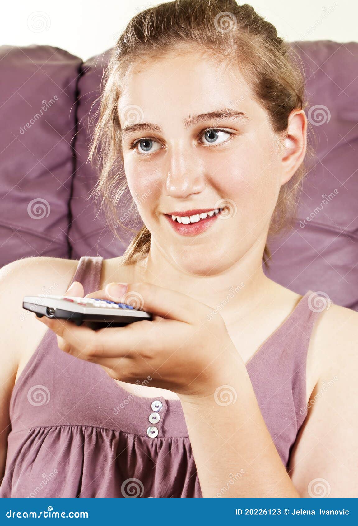 Happy Pretty Girl with Remote Control Watching Tv Stock Image - Image ...