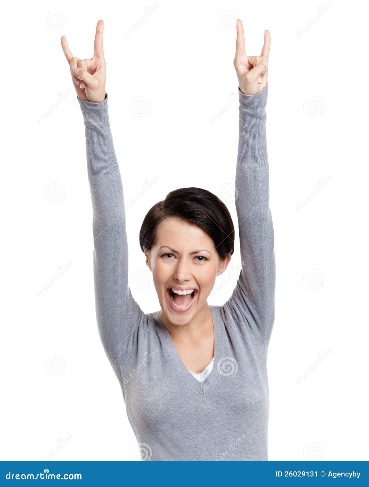 Happy Pretty Woman Puts Her Hands Up Stock Image - Image of cute ...