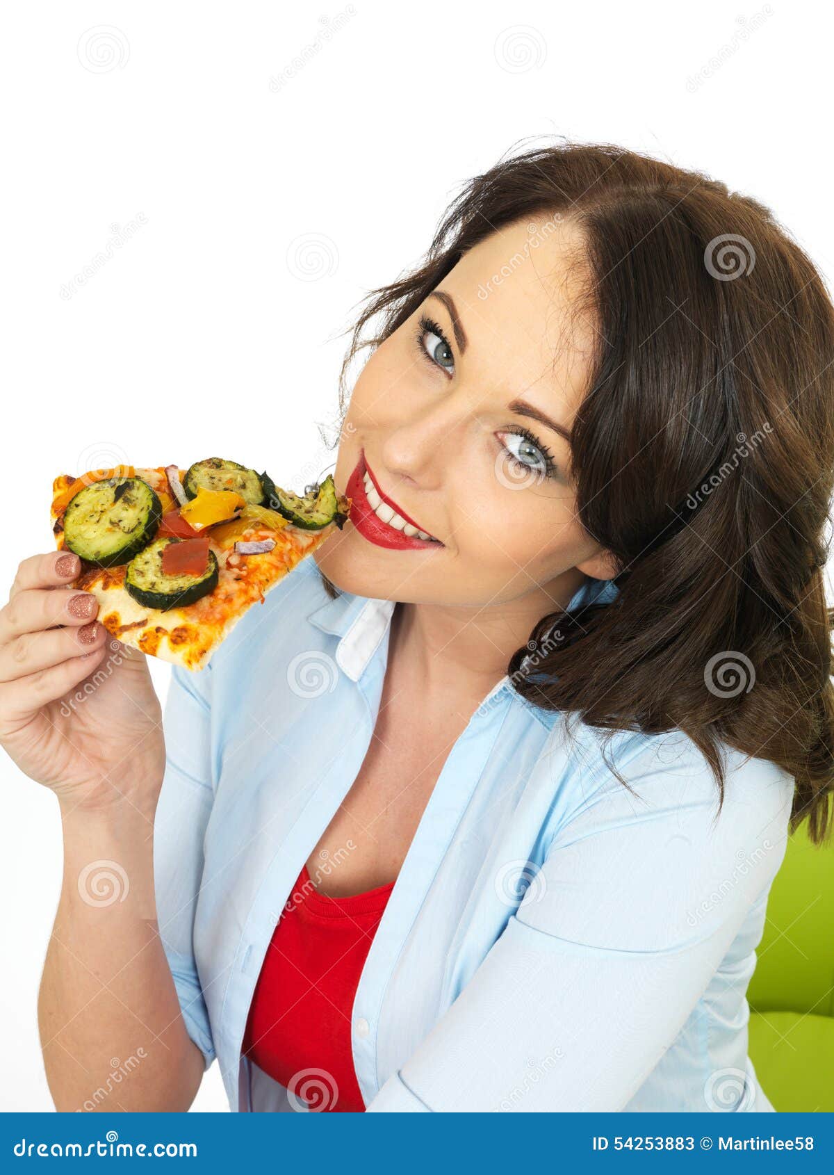 Happy Pretty Young Woman Eating Slice Freshly Baked Vegetarian Pizza