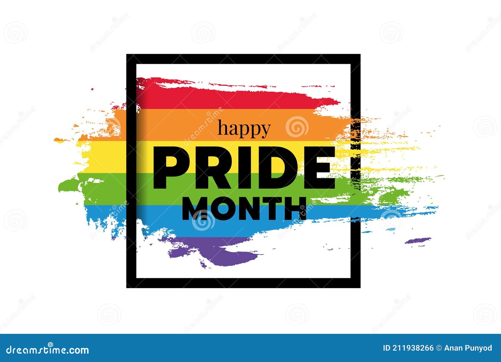 Happy Pride Month Text Word on Rainbow Flag Ink Brush and Square Frame ...