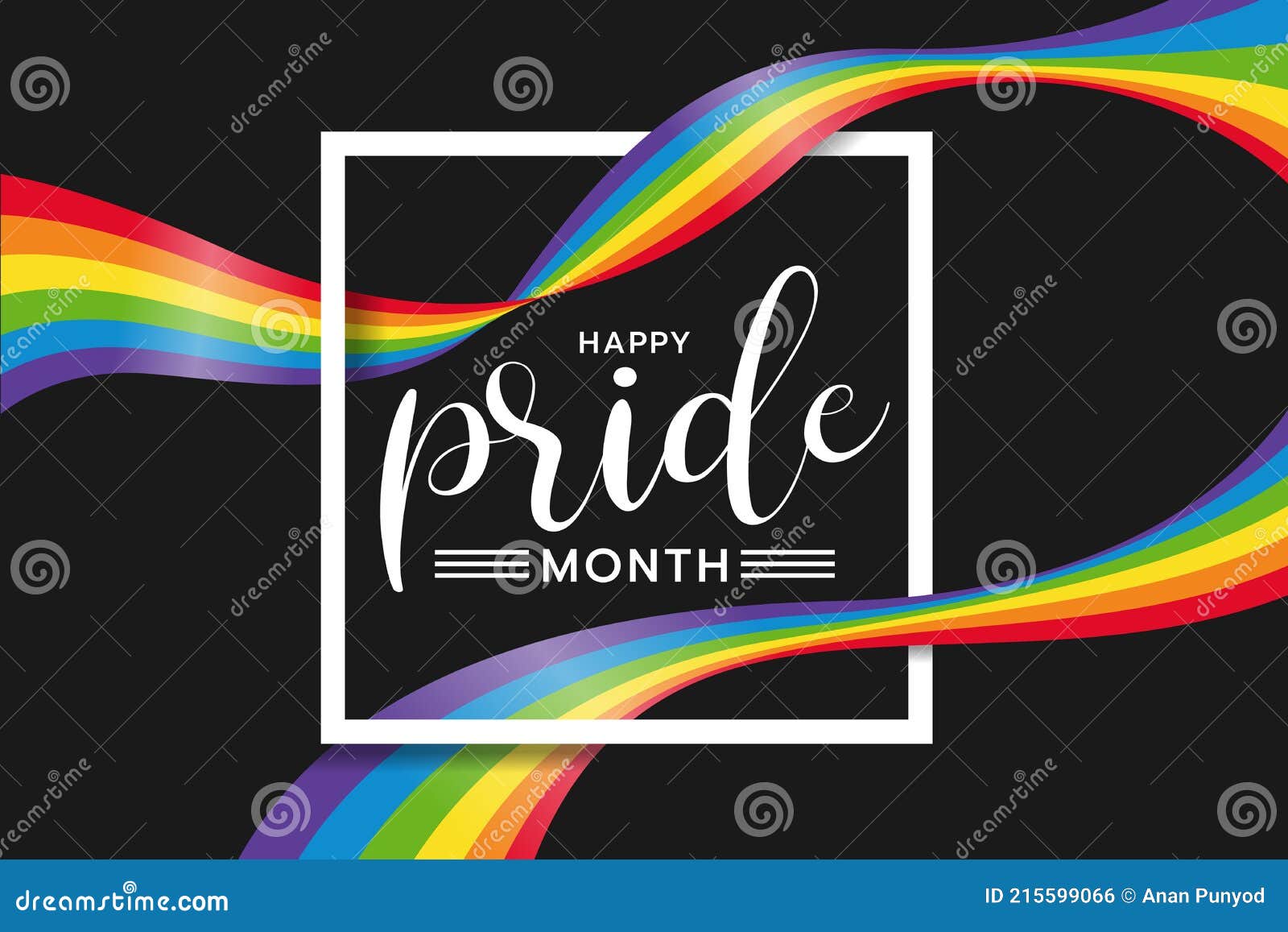 Happy Pride Month Text Word in White Square Frame and Rainbow Flag Wave ...