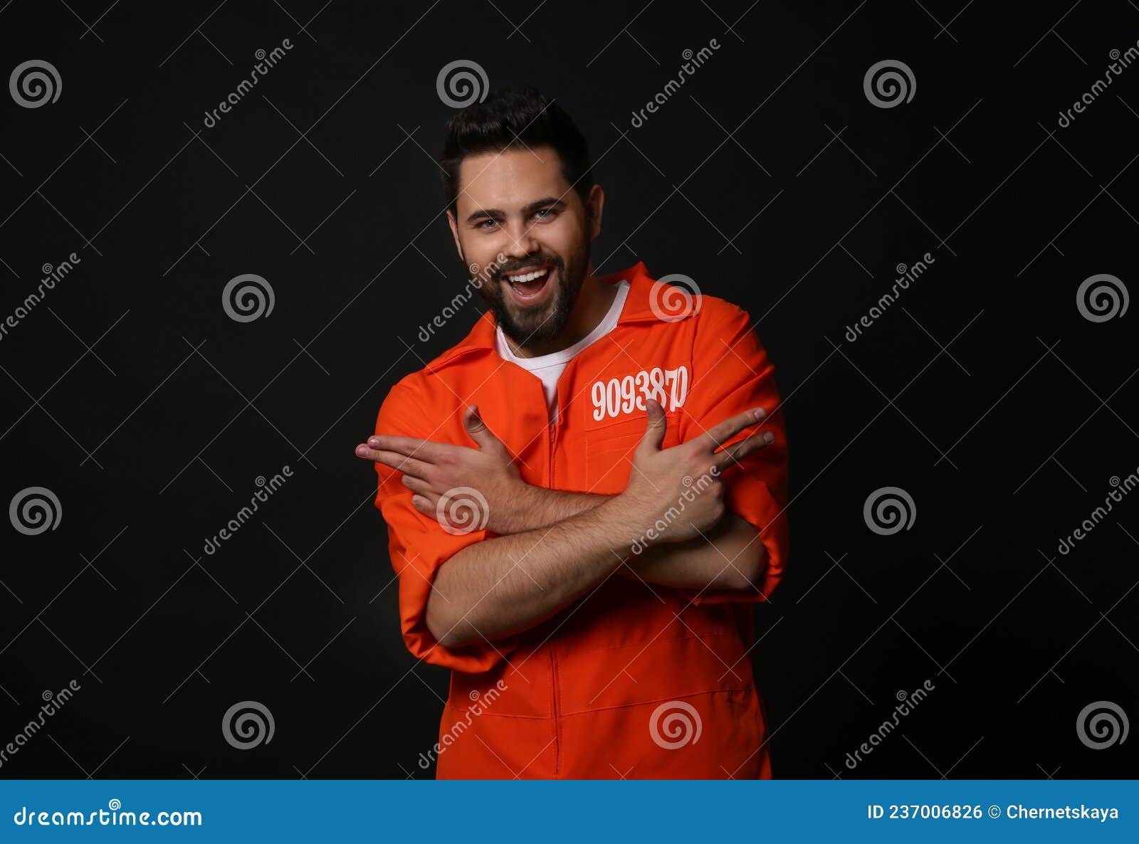 Happy Prisoner in Jumpsuit on Black Background Stock Photo - Image of ...