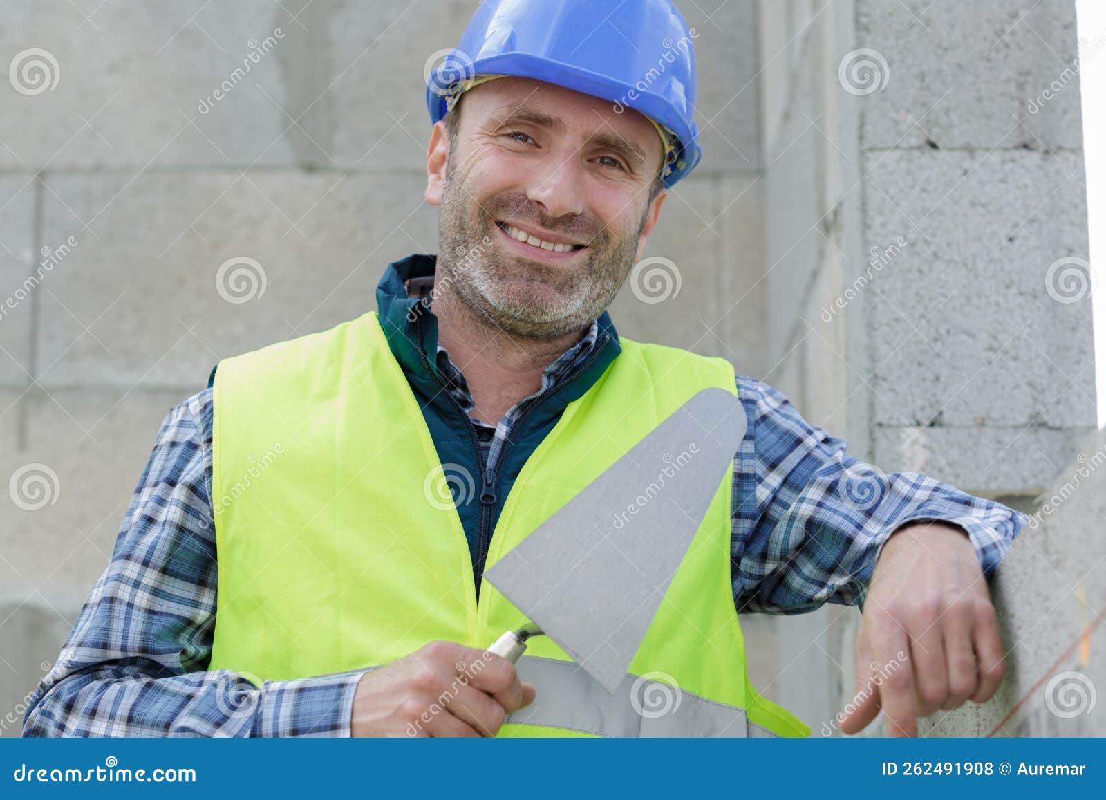 Happy Professional Builder in Helmet Plastering Wall Stock Photo ...