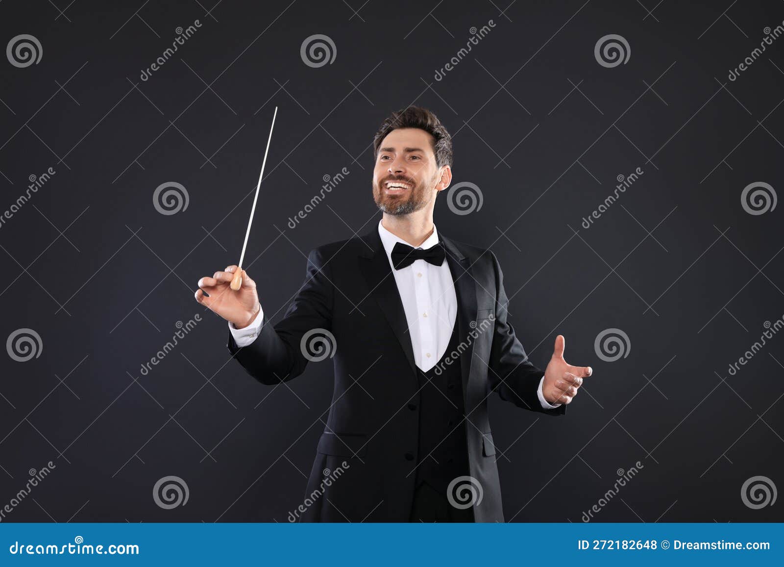 Happy Professional Conductor with Baton on Black Background Stock Photo ...