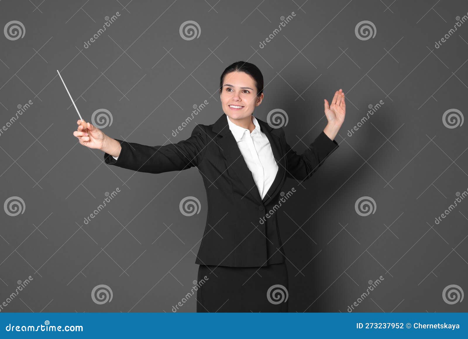 Happy Professional Conductor with Baton on Grey Background Stock Photo ...