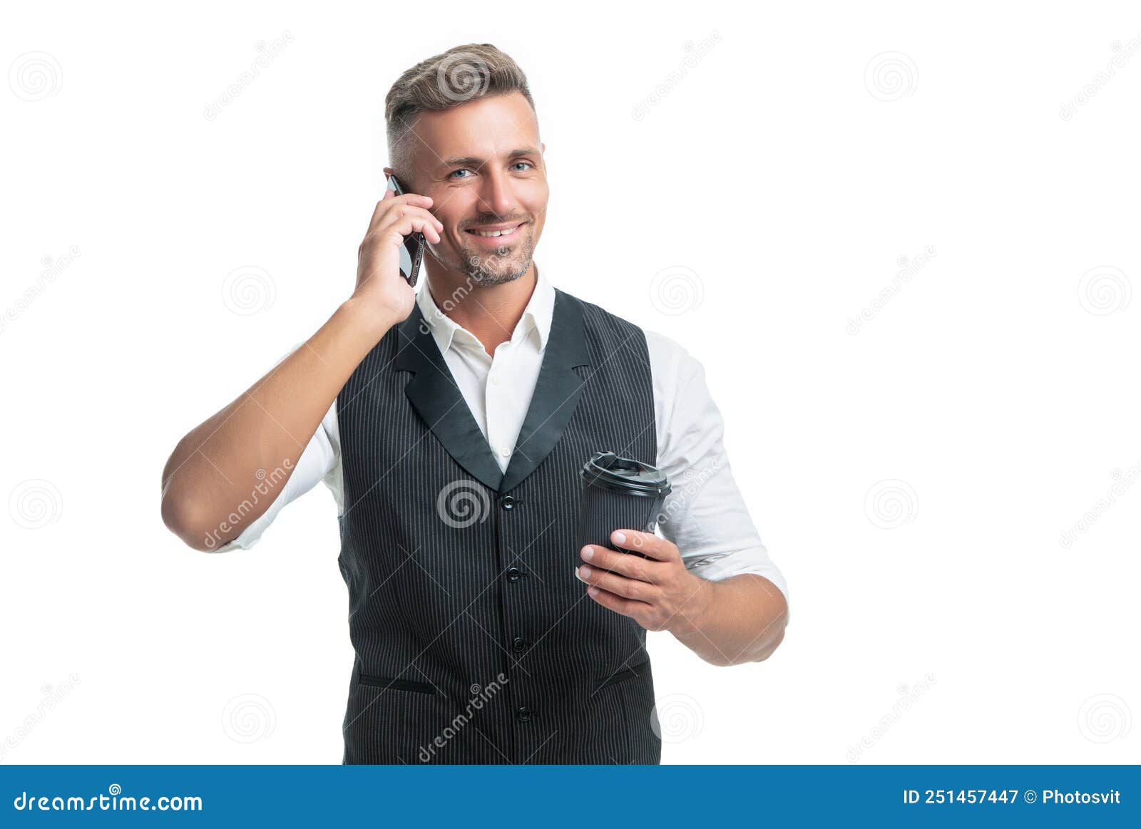 Happy Professional Guy Talking on Mobile Phone during Tea Break ...