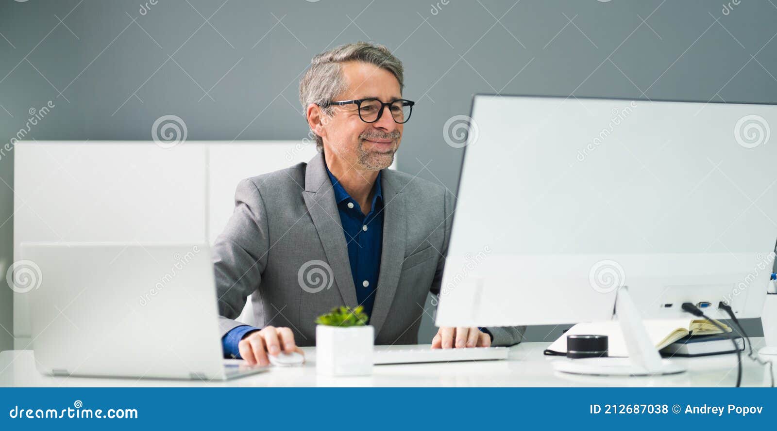 Happy Professional Man Employee Using Computer Stock Photo - Image of ...
