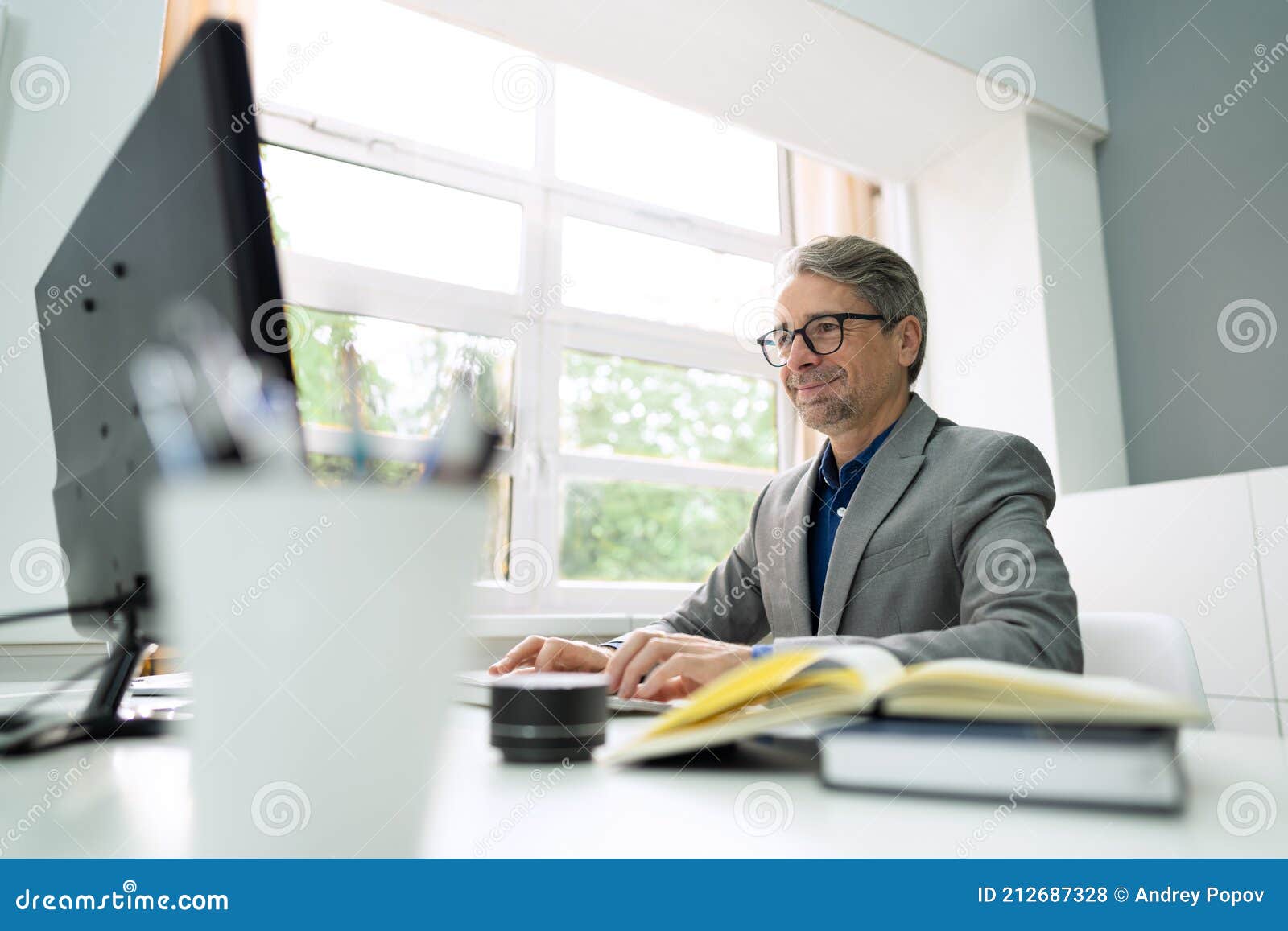 Happy Professional Man Employee Using Computer Stock Photo - Image of ...