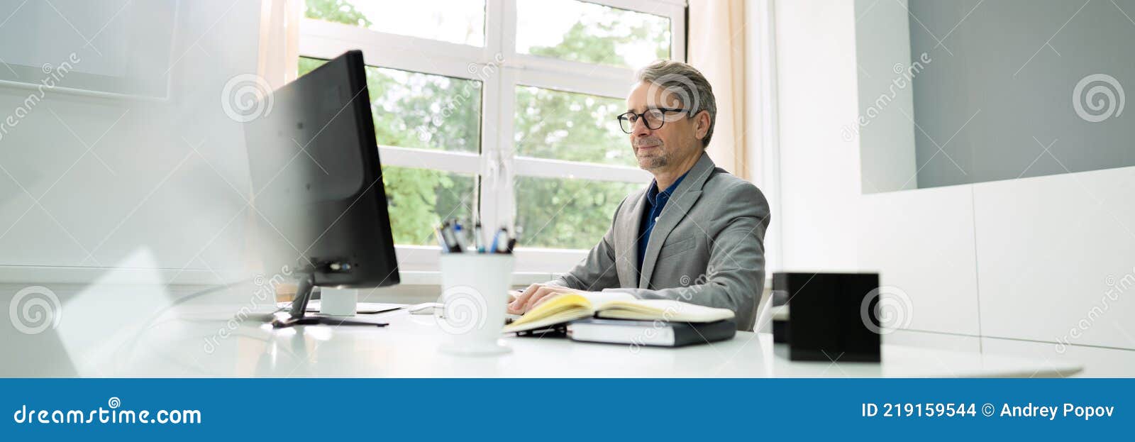 Happy Professional Man Employee Using Computer Stock Photo - Image of ...