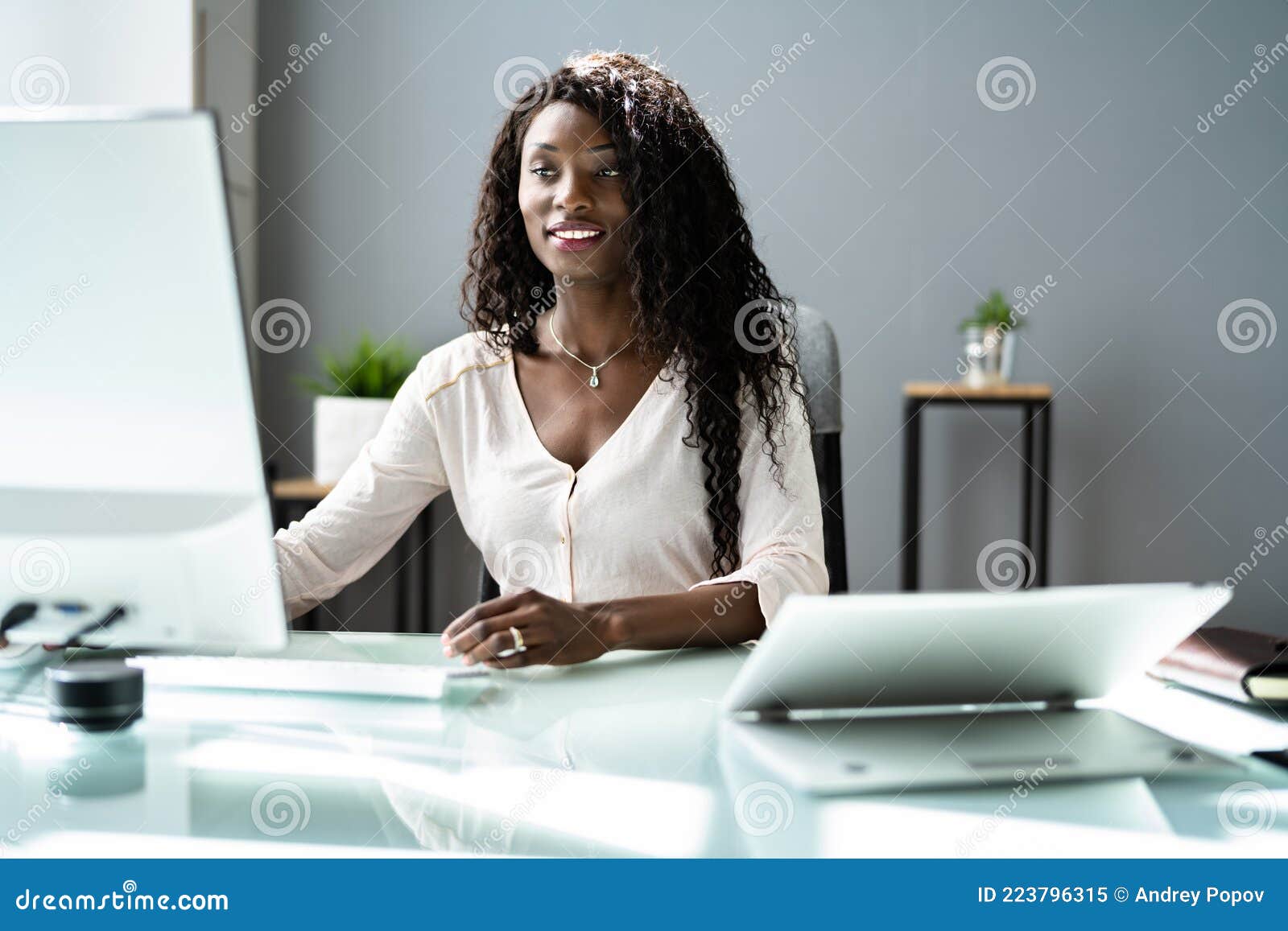 Happy Professional Woman Employee Using Computer Stock Image - Image of ...