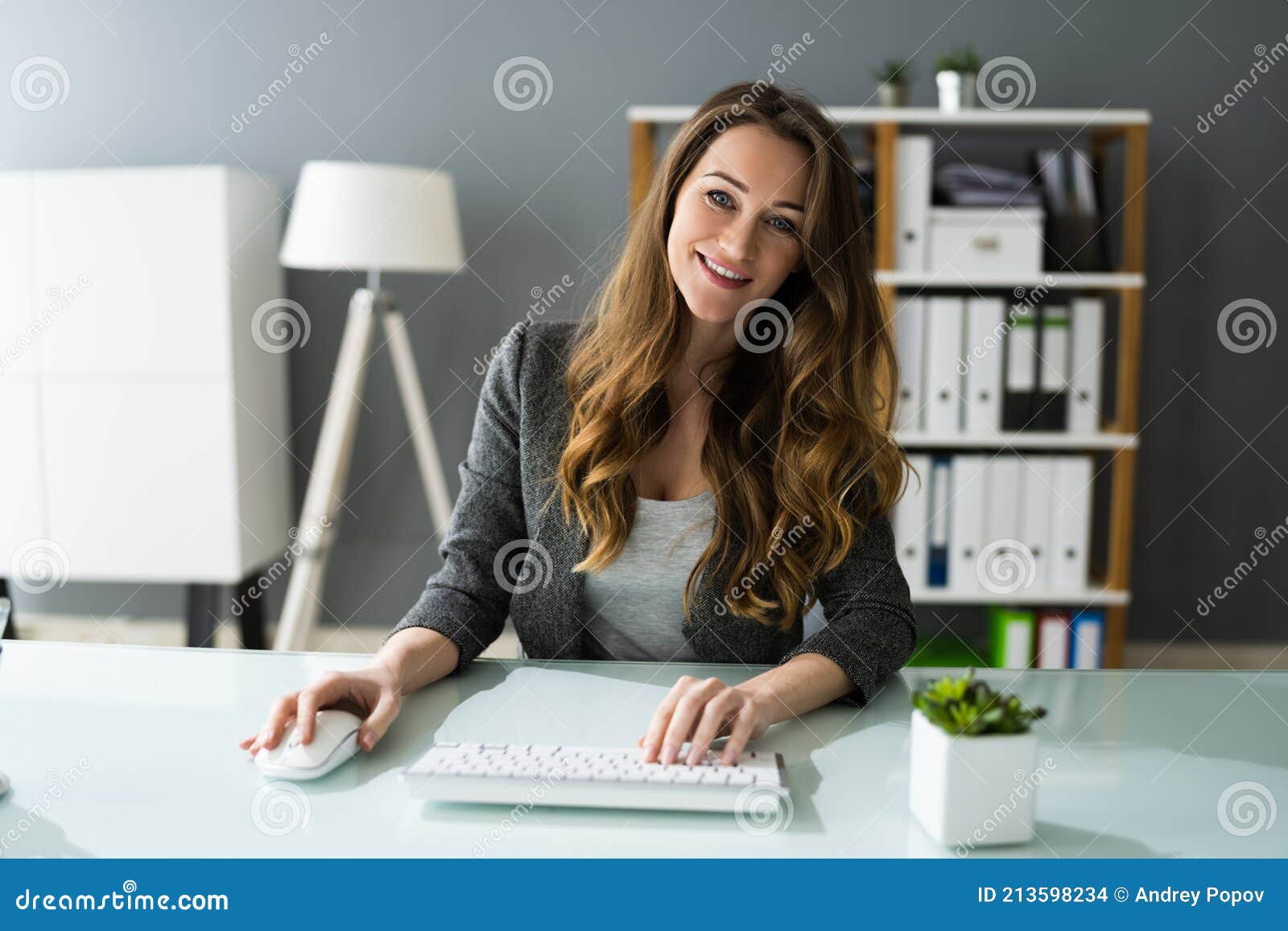 Happy Professional Woman Employee Using Computer Stock Photo - Image of ...