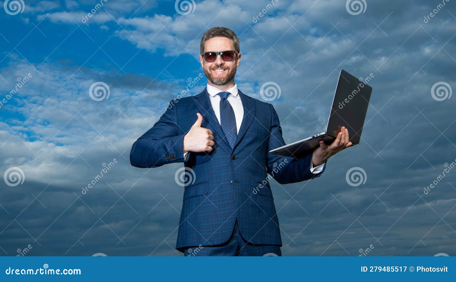 Happy Programmer Holding Laptop. Computer Programmer Showing Thumb Gesture Stock Image - Image ...