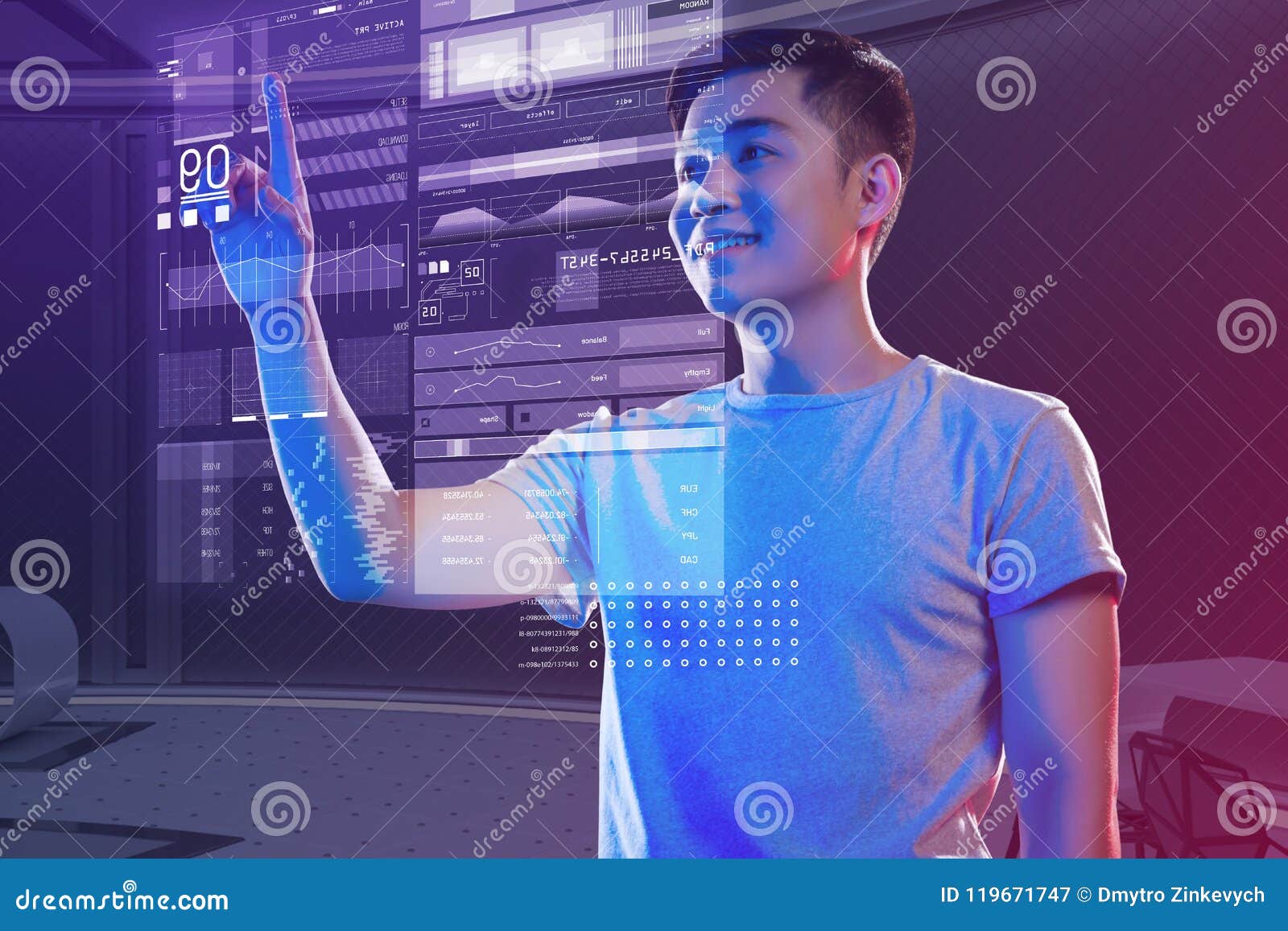 Happy Programmer Smiling while Touching the Holographic Image Stock ... Happy Programmer Smiling while Touching the Holographic Image Stock ...