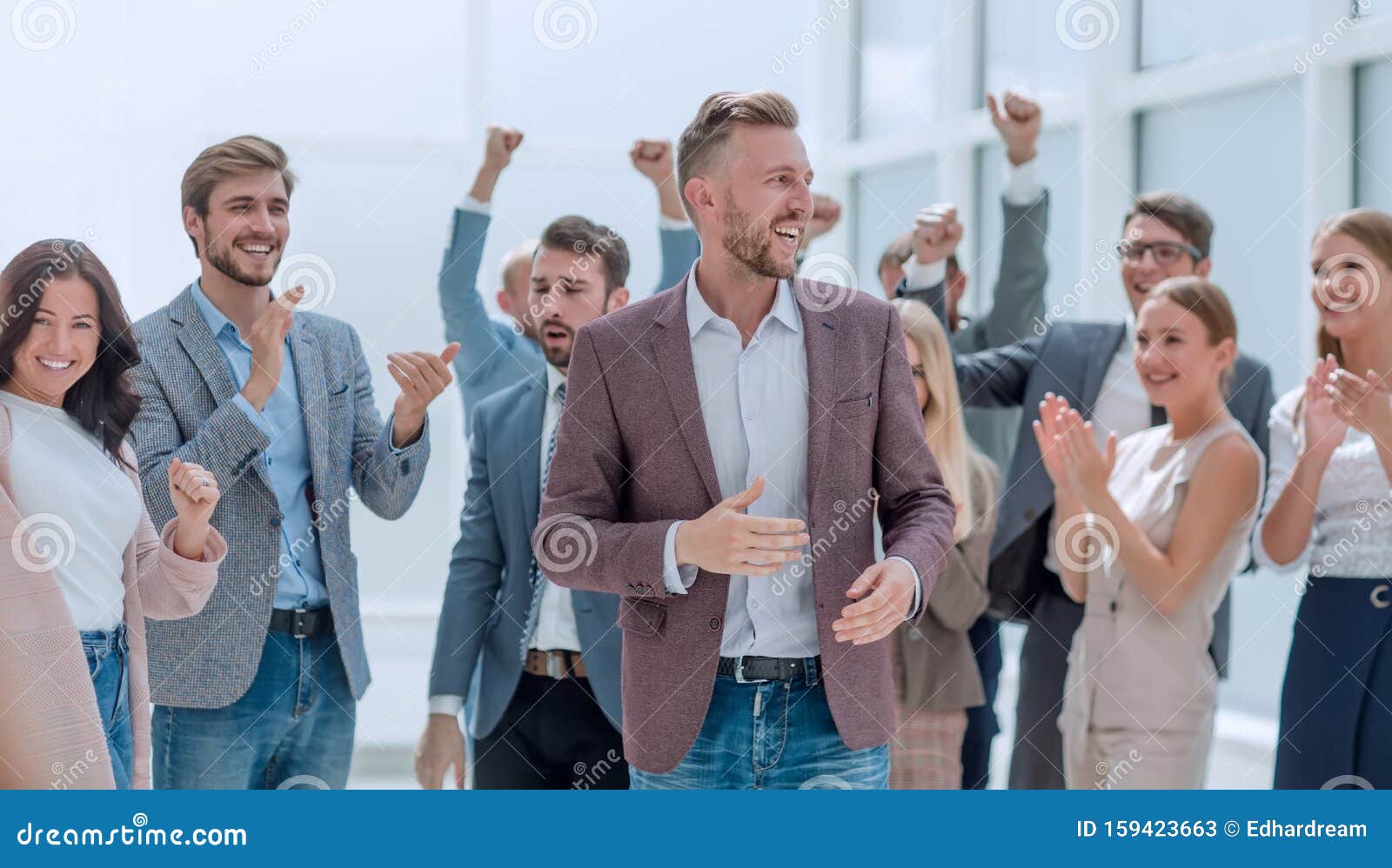 Happy Project Manager Accepting Congratulations of His Colleagues Stock ...