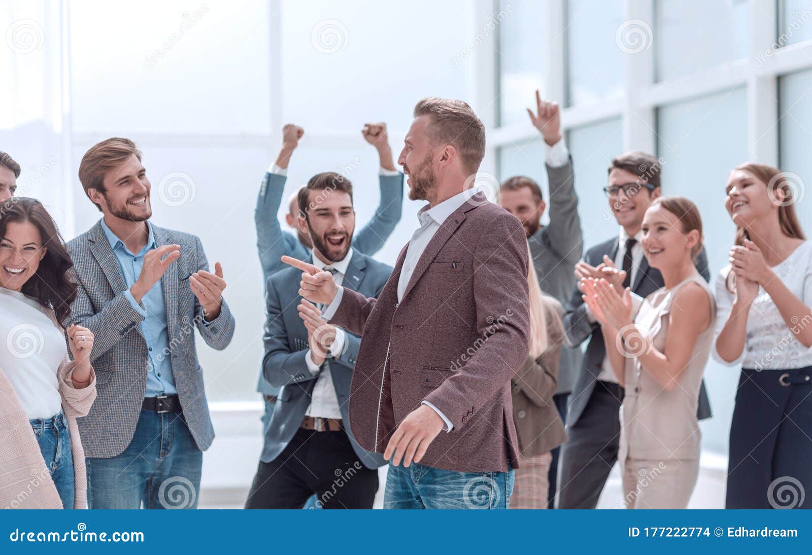 Happy Project Manager Accepting Congratulations of His Colleagues Stock ...