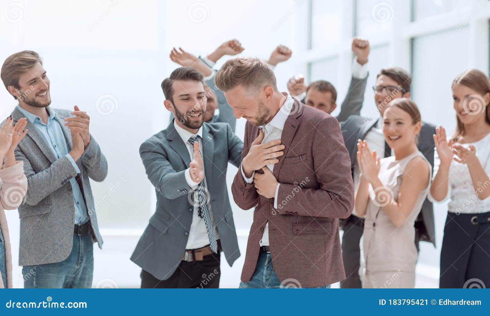 Happy Project Manager Accepting Congratulations of His Colleagues Stock ...