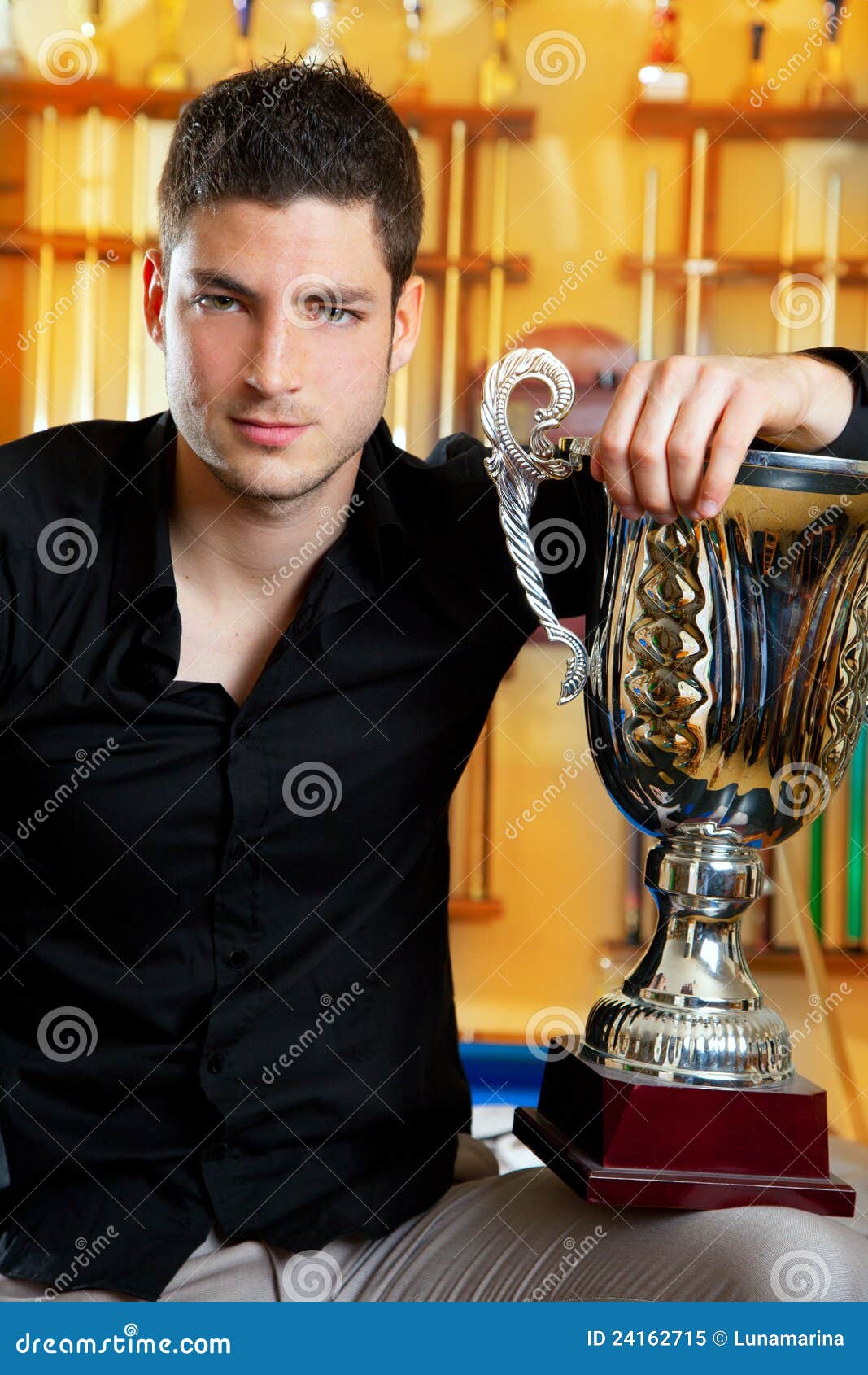Happy Proud Winner Man with Big Trophy Silver Cup Stock Image - Image ...