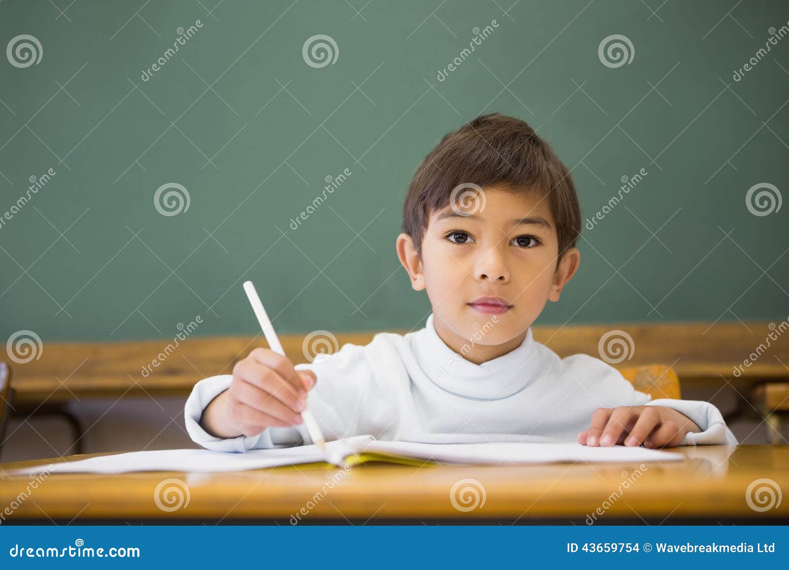 Happy Pupil Writing in Notepad at Desks Stock Photo - Image of head ...