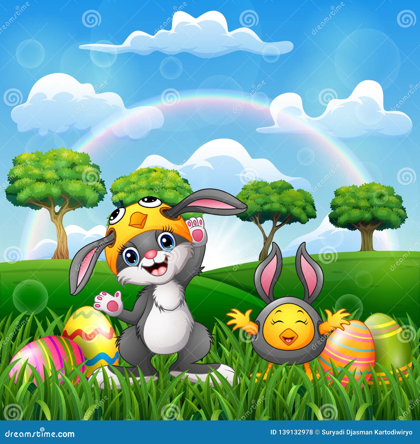 Happy Rabbit and Chicken Cartoon in Costume with Easter Egg Stock ...